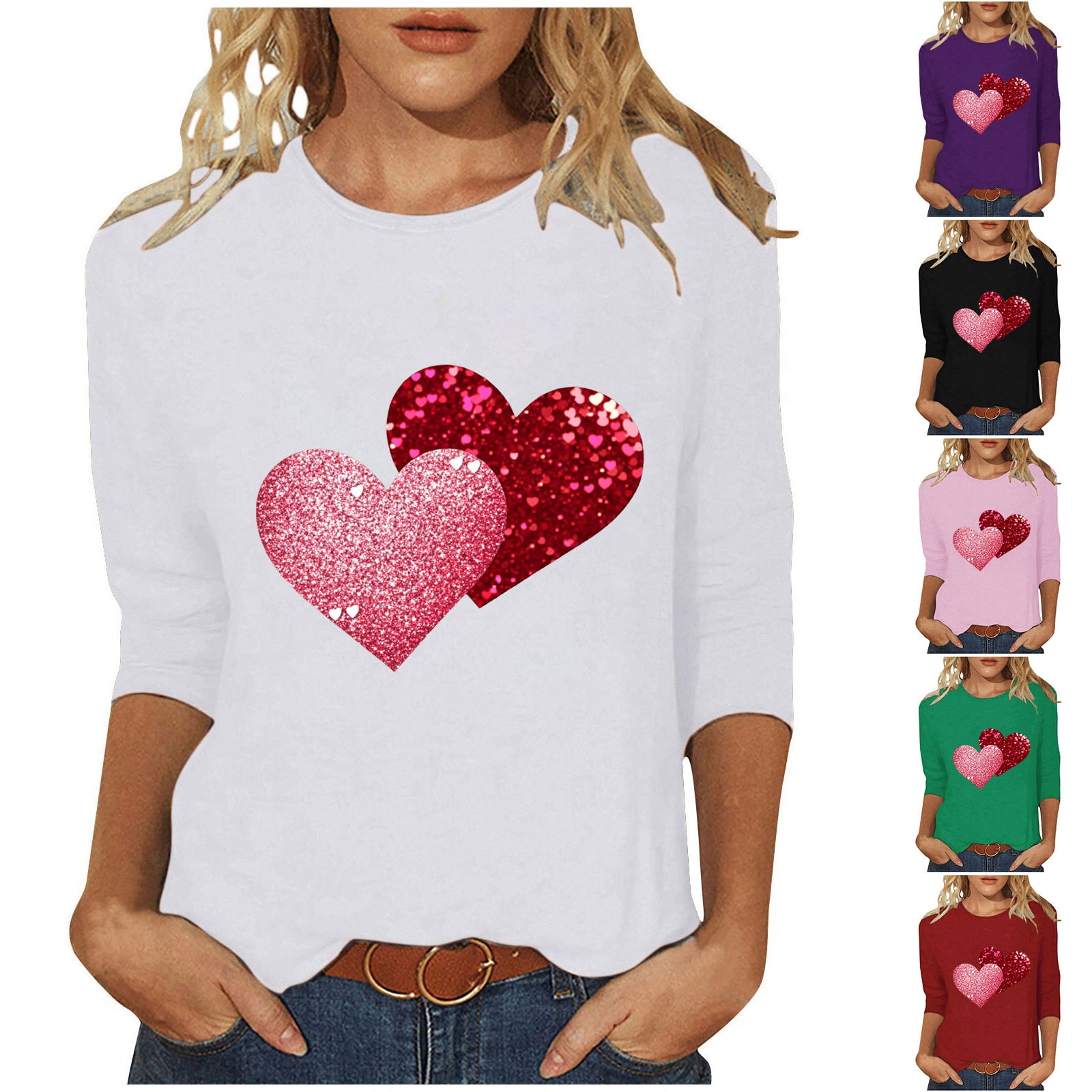 Sijiajgjfu 3/4 Lenght Sleeve T Shirt for Women Glitter Heart Graphic ...