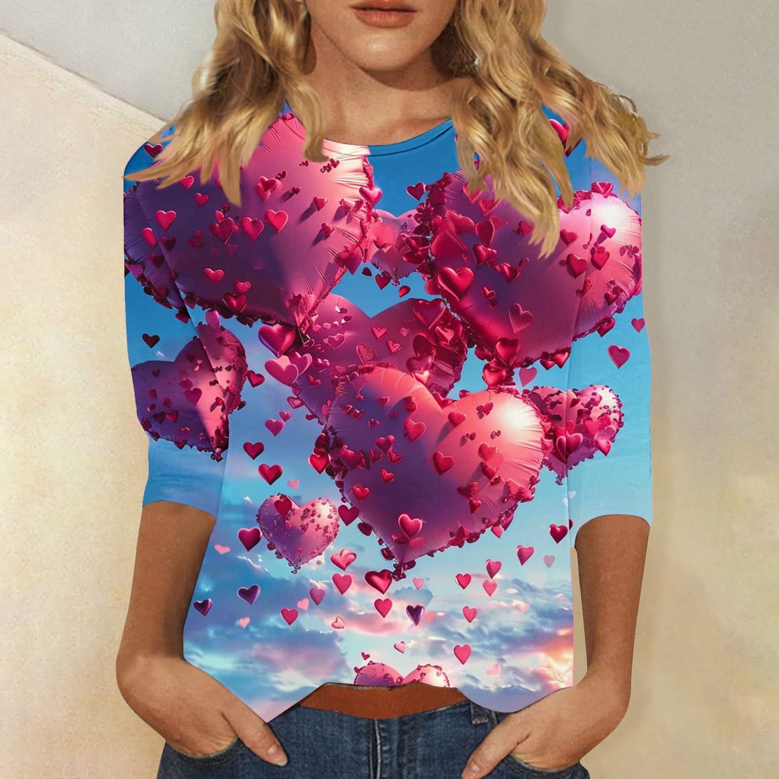 Sijiajgjfu Valentines Day T-Shirts for Women Plus Size 3/4 Lenght Sleeve Crew Neck Shirts Trendy ...