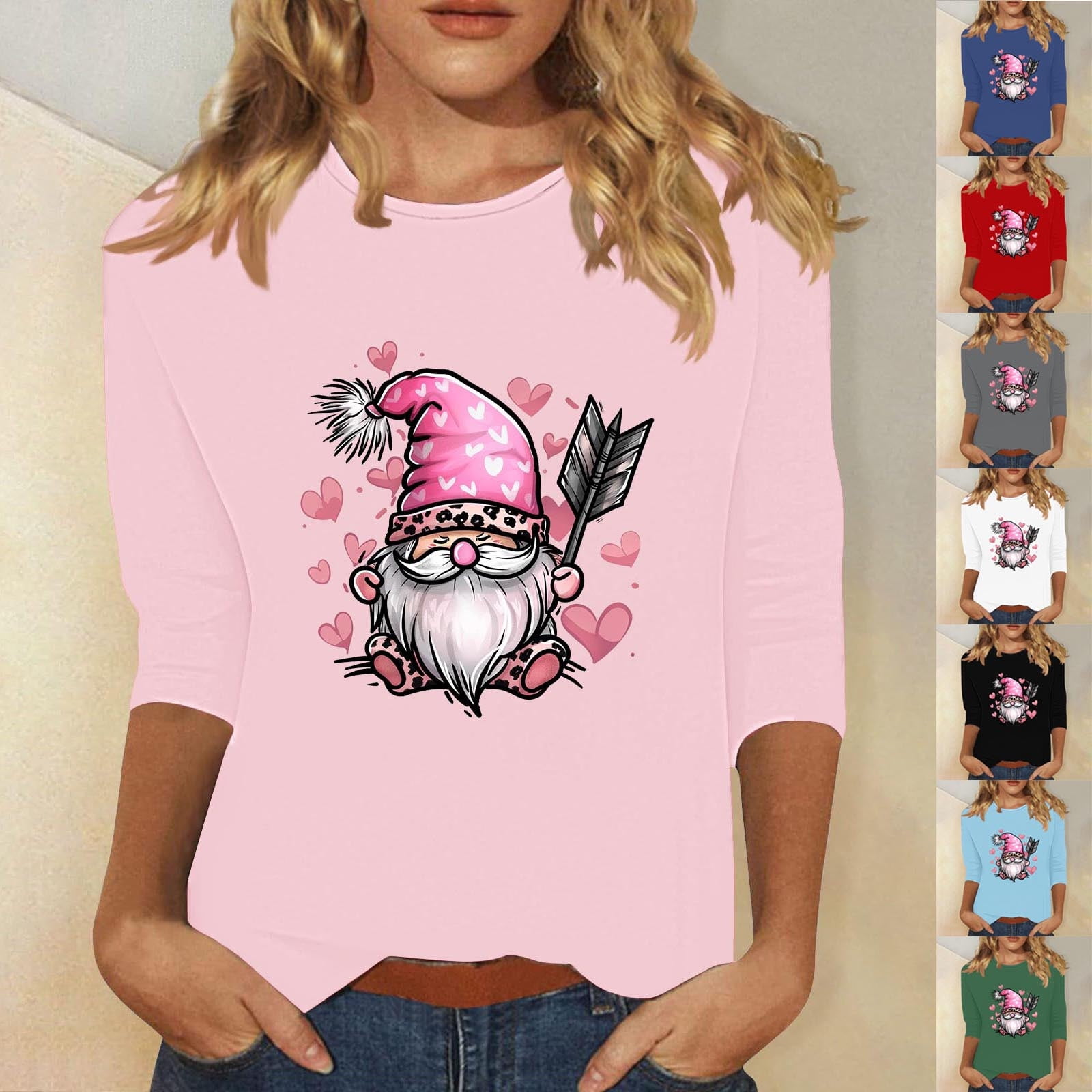 Sijiajgjfu Women’s Valentines Day T Shirt Cute Dwarf Graphic Tees 3/4 Sleeve Crew Neck Loose Fit ...