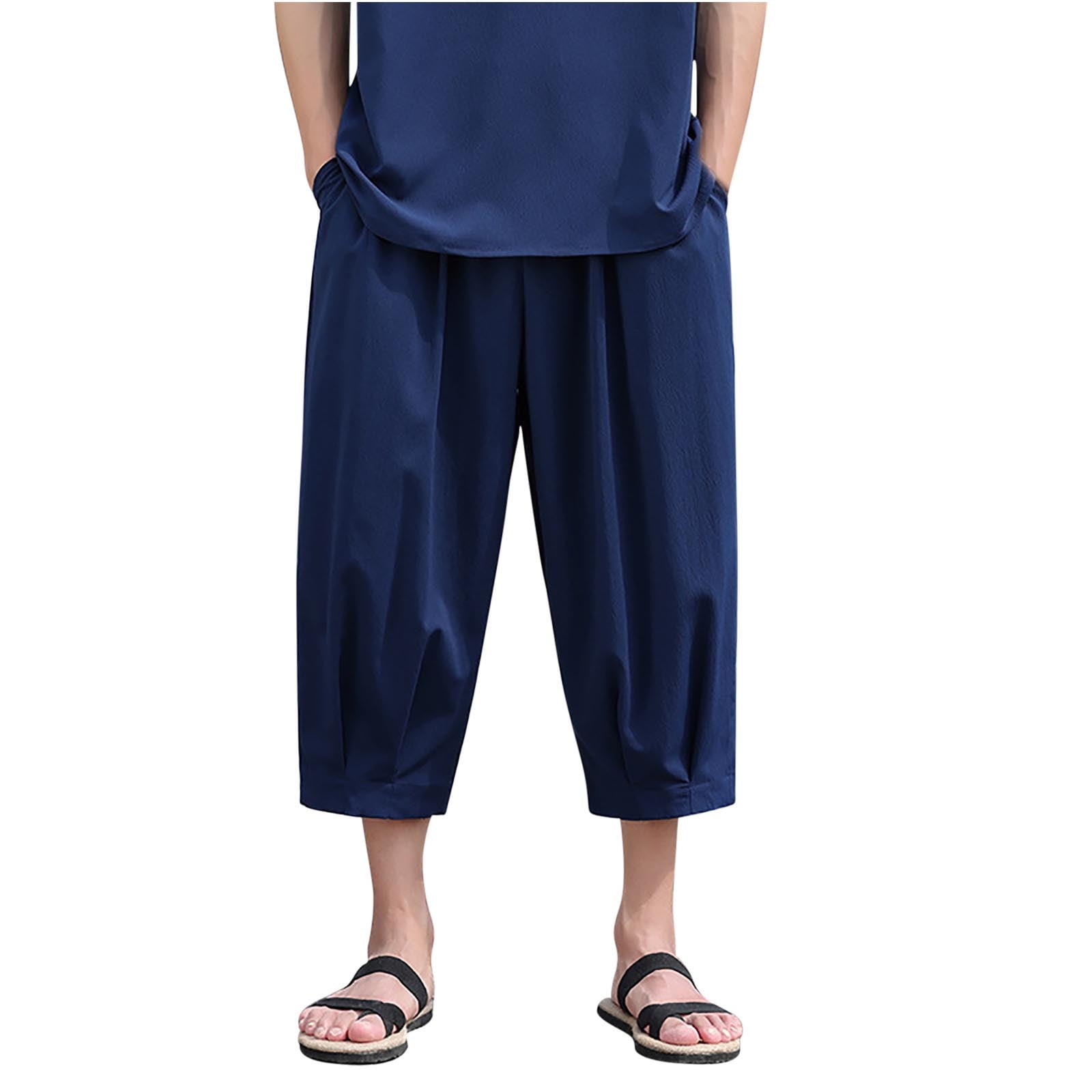 Dagegui Cotton Linen Shorts for Men Casual Wide Leg Elastic Drawstring ...