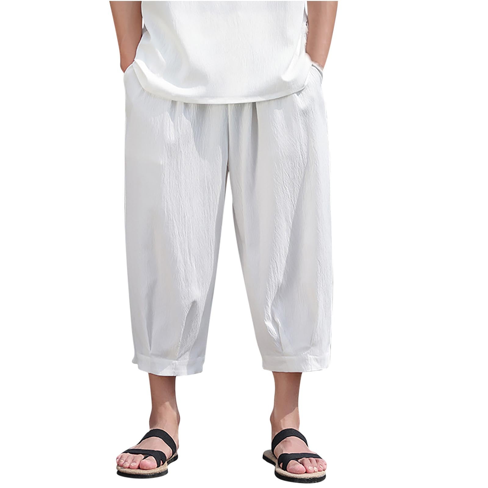 Dagegui Cotton Linen Shorts for Men Casual Wide Leg Elastic Drawstring ...