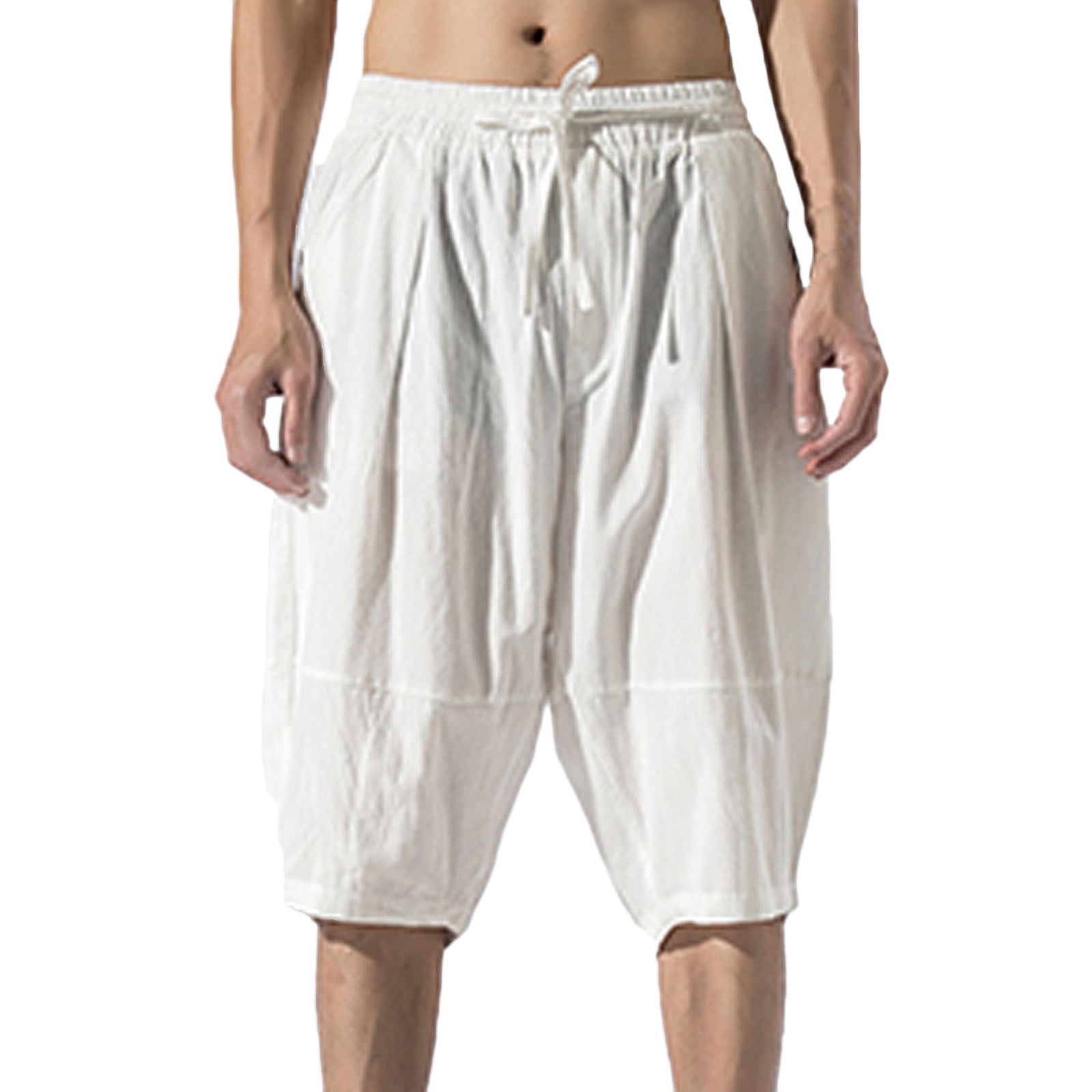Dagegui Cotton Linen Shorts for Men Summer Elastic Waist Below Knee ...