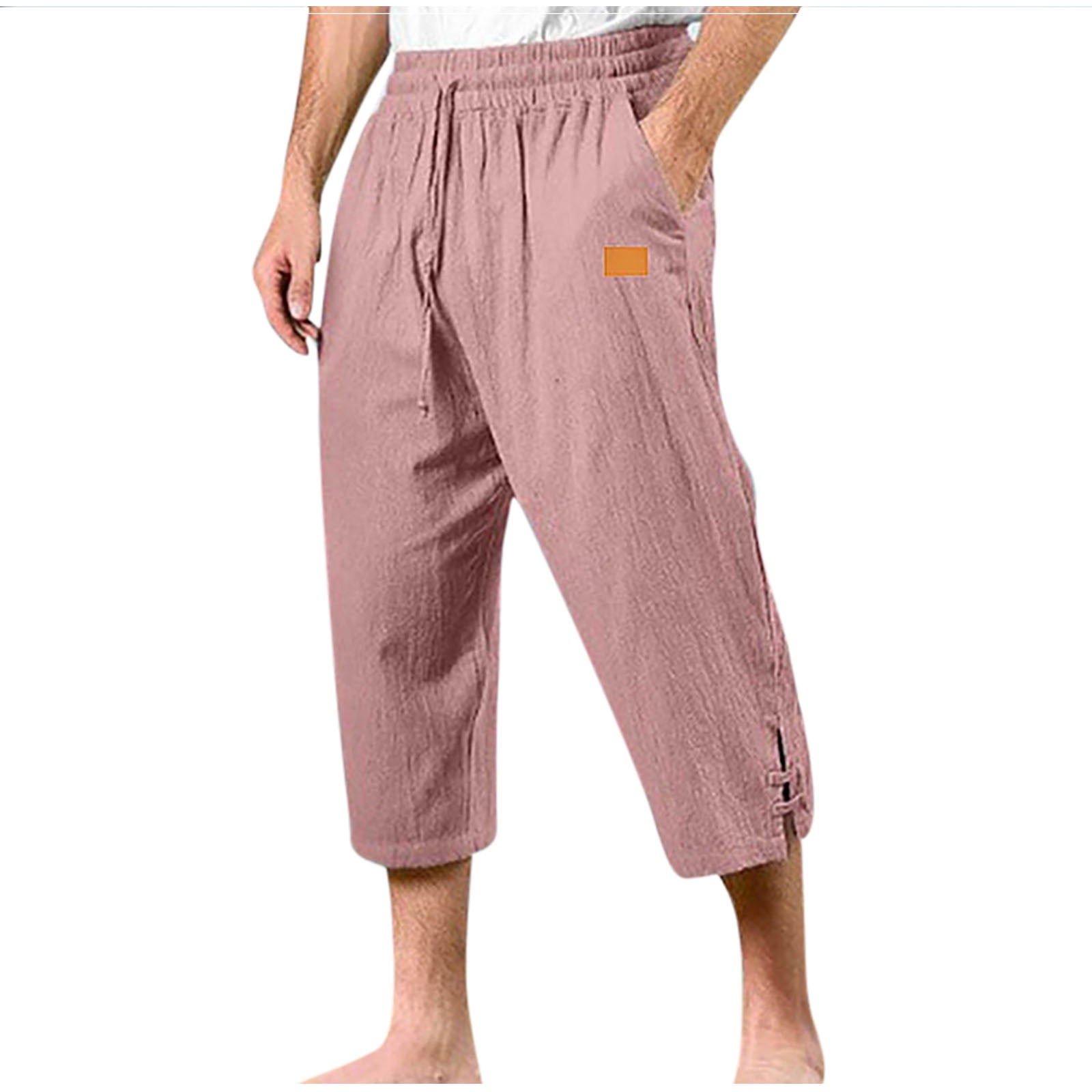 Dagegui Cropped Pants for Men Linen Elastic Drawstring Waist Below Knee ...