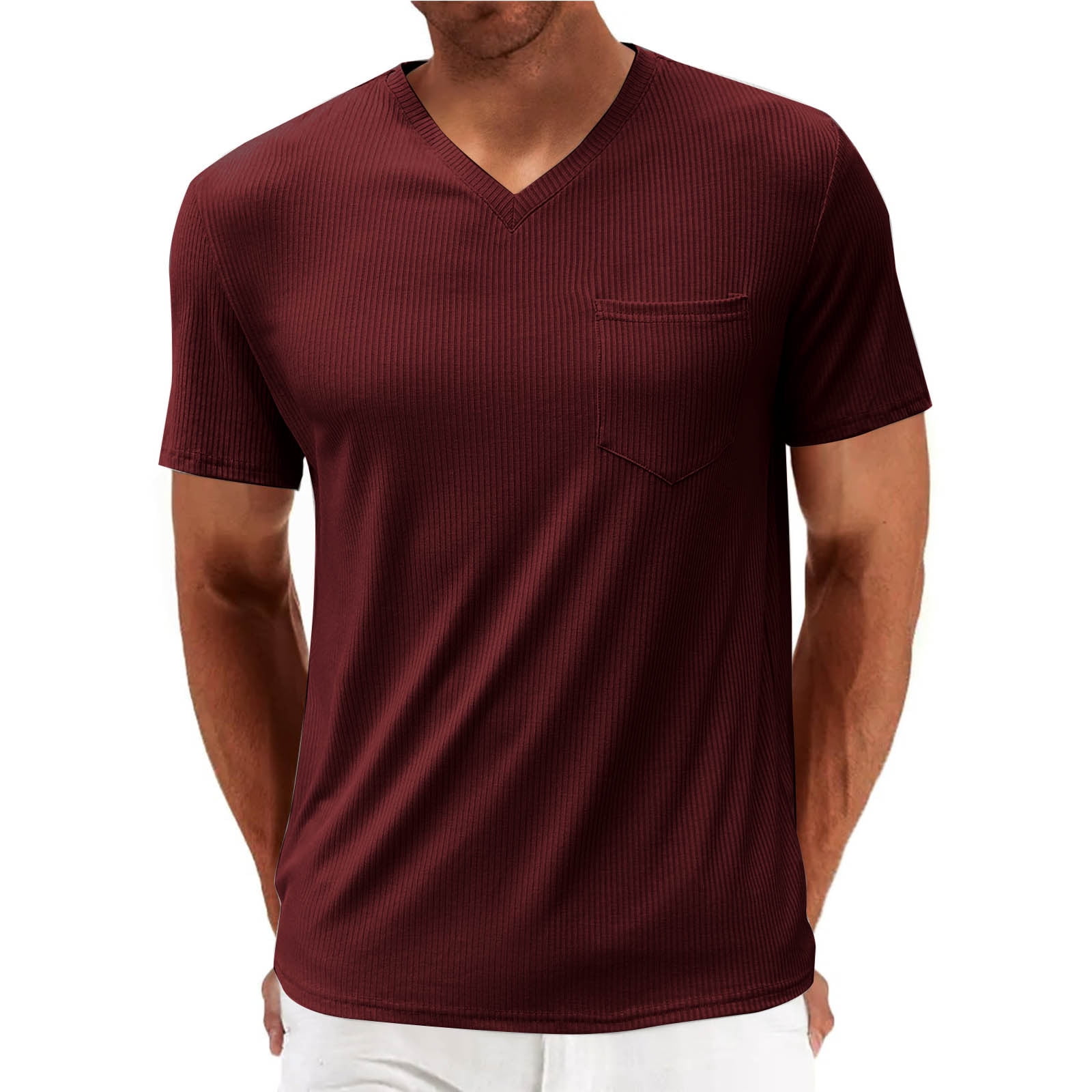 Dagegui Everyday T-Shirt for Men Wine V-Neck Short Sleeve Ribbed Shirts ...