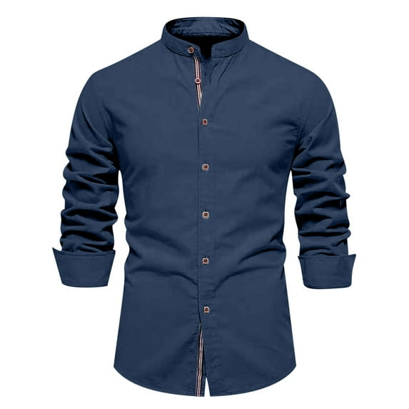 Dagegui Linen Long Sleeve Shirt for Men Mock Neck Long Sleeve Button Down Shirts Casual Semi ...