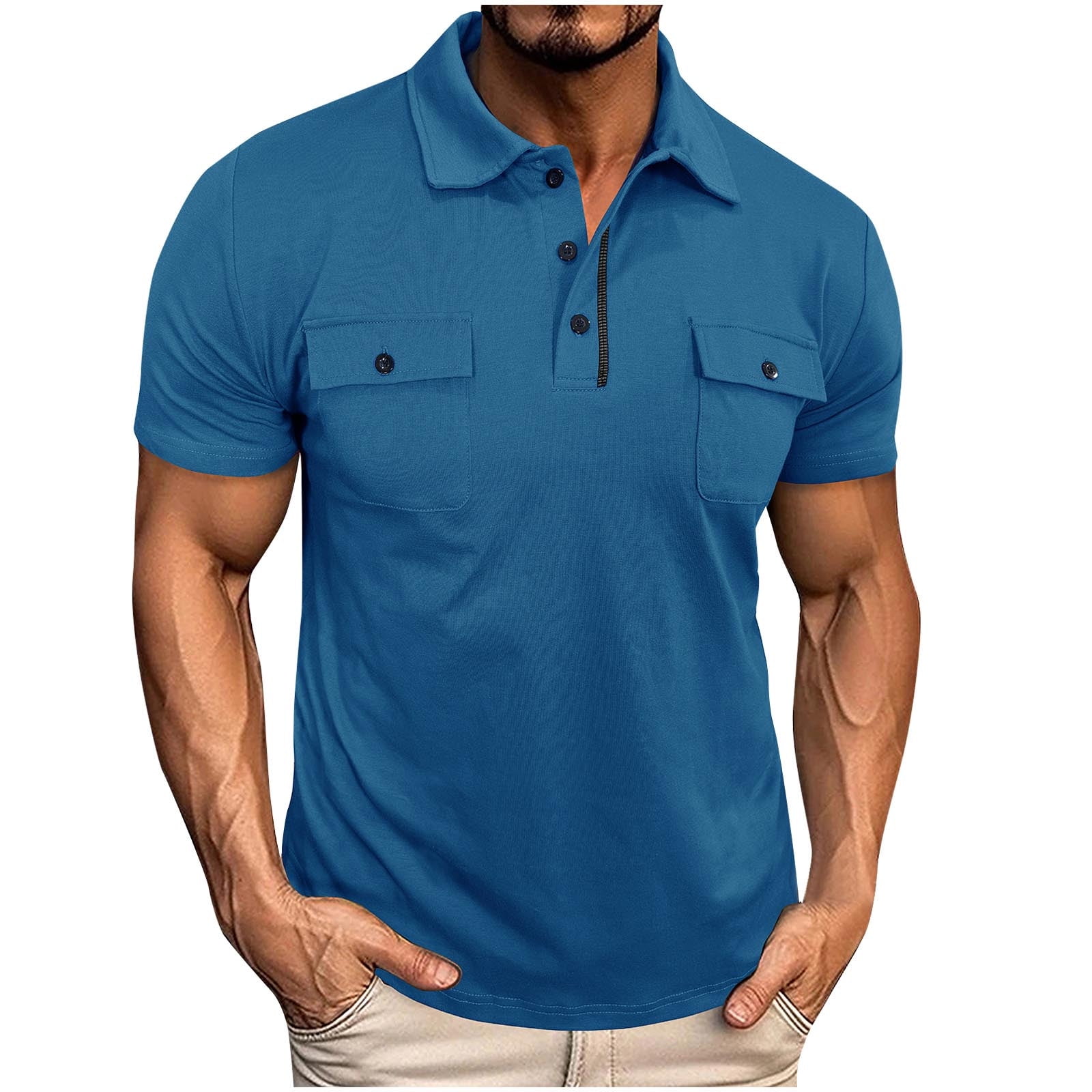 Dagegui Men Blue Short Sleeve Collared Shirt Plain Button Down Pullover ...