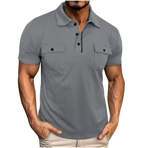 Dagegui Men Gray Short Sleeve Collared Shirt Plain Button Down Pullover ...