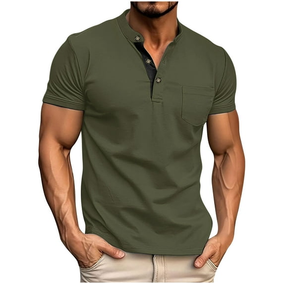 Dagegui Men's Army Green Henley Shirts Summer Buttons Short Sleeve T ...