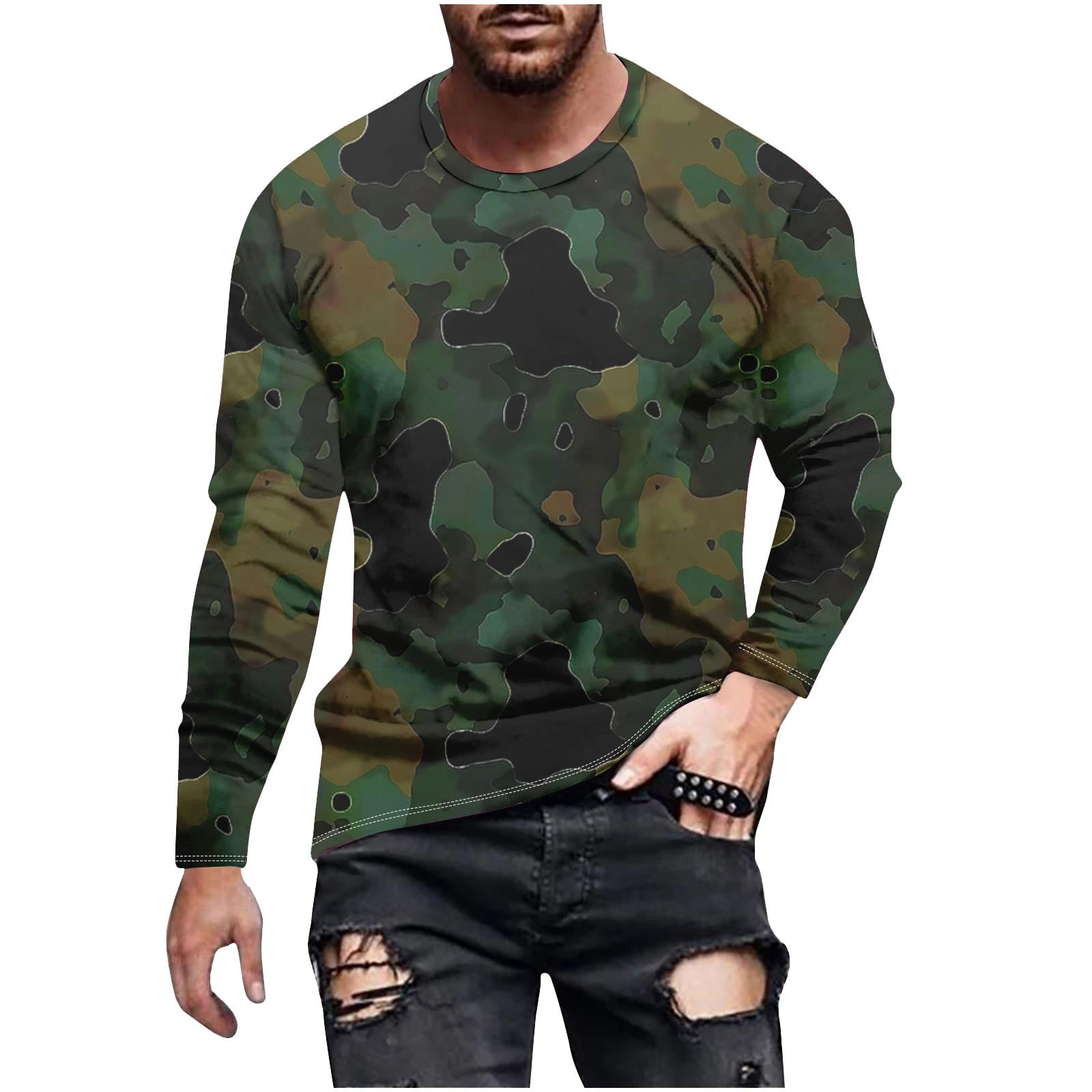 Dagegui Men's Camouflage Shirts Long Sleeve Round Neck T-Shirts Camo ...