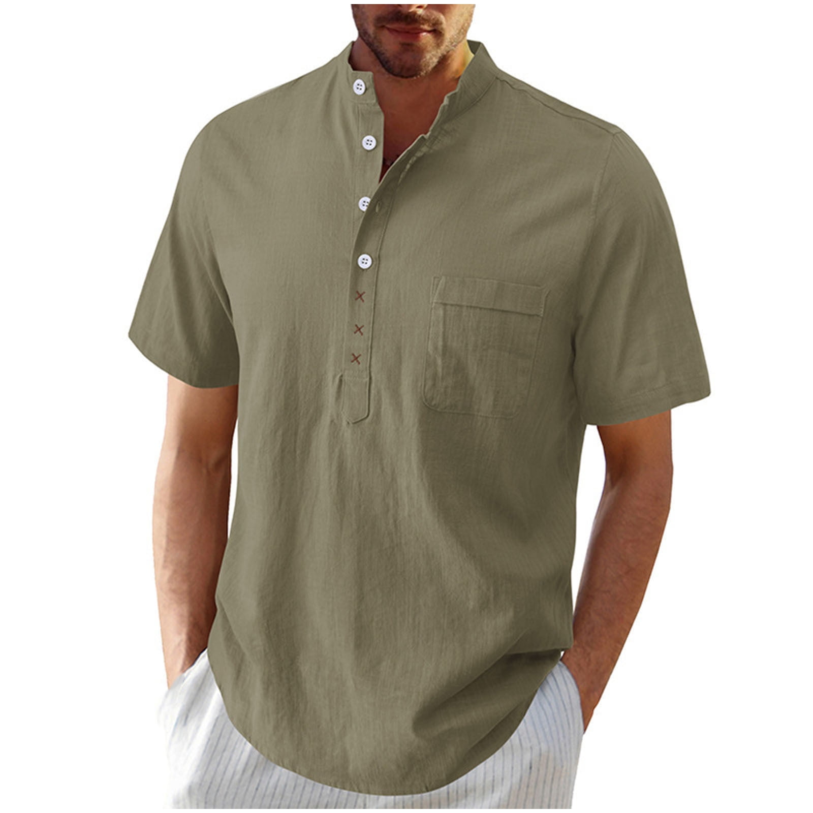 Dagegui Men's Cotton Linen Henley Shirt Army Green Casual Short Sleeve ...