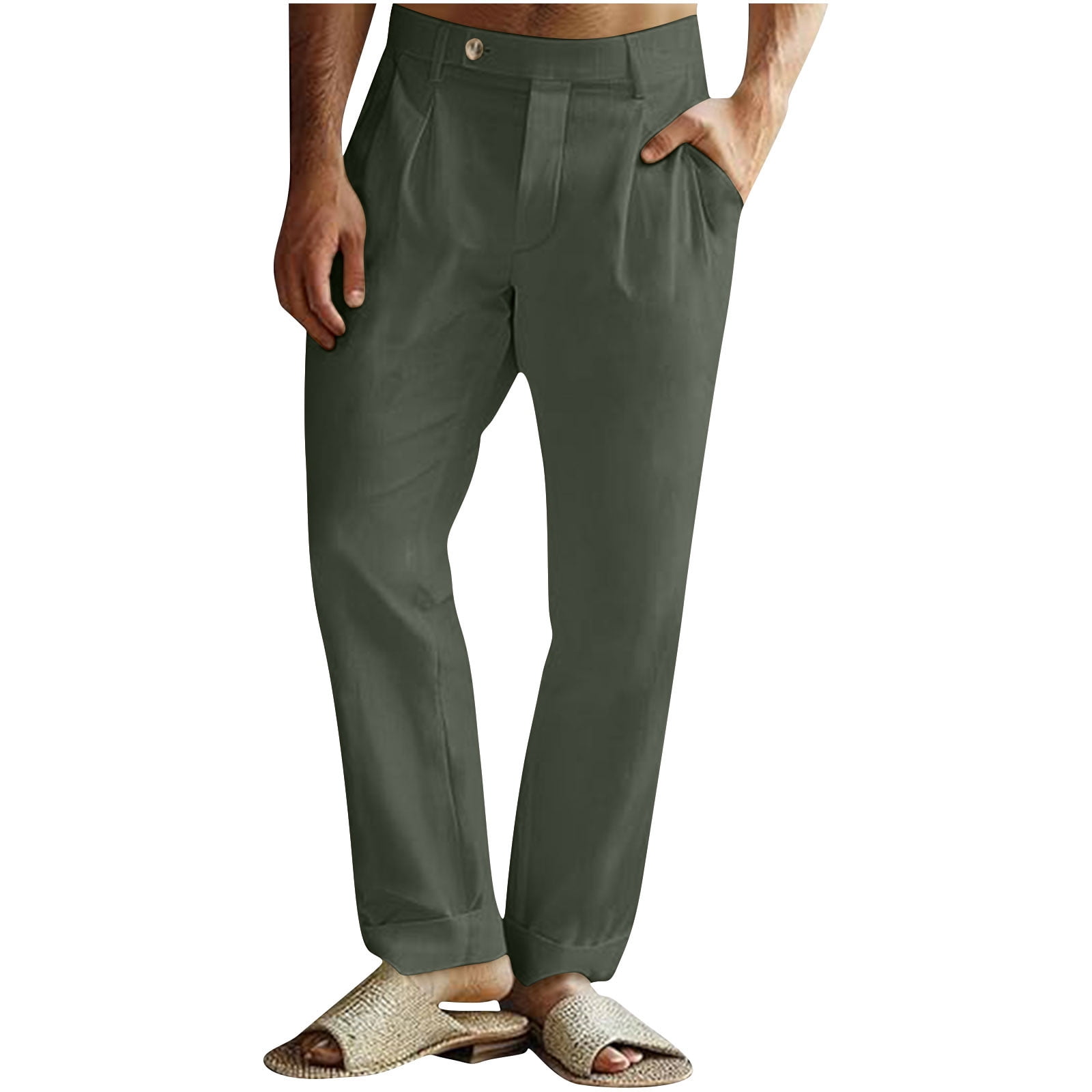 Dagegui Men's Cotton Linen Pants Solid Color Half Elastic Waist Casual ...