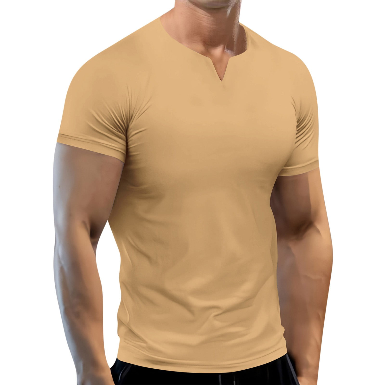 Dagegui Men's Khaki Notch V Neck Shirts Slim Fit Short Sleeve Tops ...