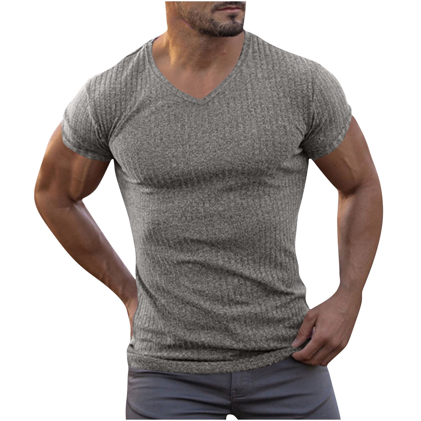 Dagegui Men's Muscle T Shirts Stretch Short Sleeve Gray V Neck Shirt ...