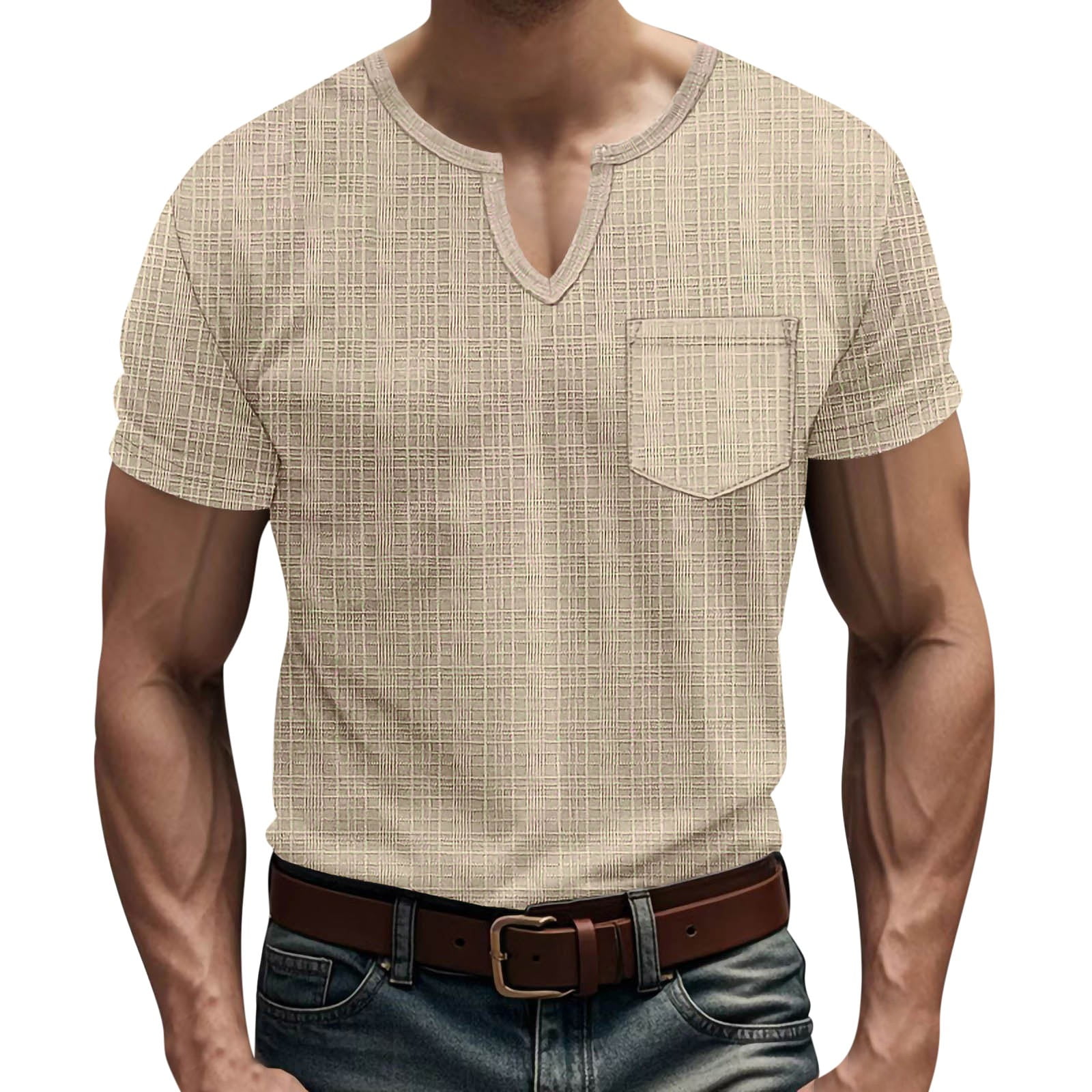 Dagegui Men's Notch V Neck Shirts Linen Short Sleeve Muscle Tee ...