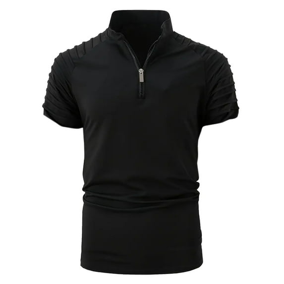 Dagegui Men's Pleated Short Sleeve T-Shirts Black Stand Collar Shirt ...