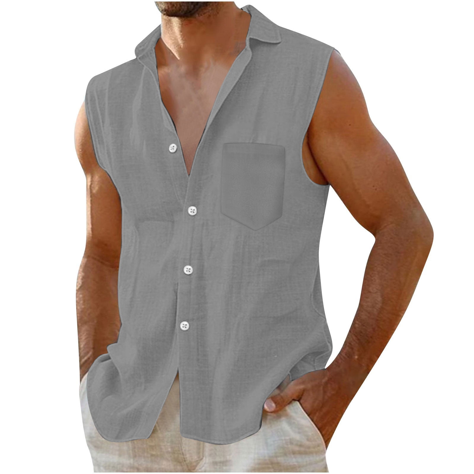 Dagegui Men's Sleeveless Beach Shirts Summer Button Up Tank Tops Casual Solid Color Hawaiian ...