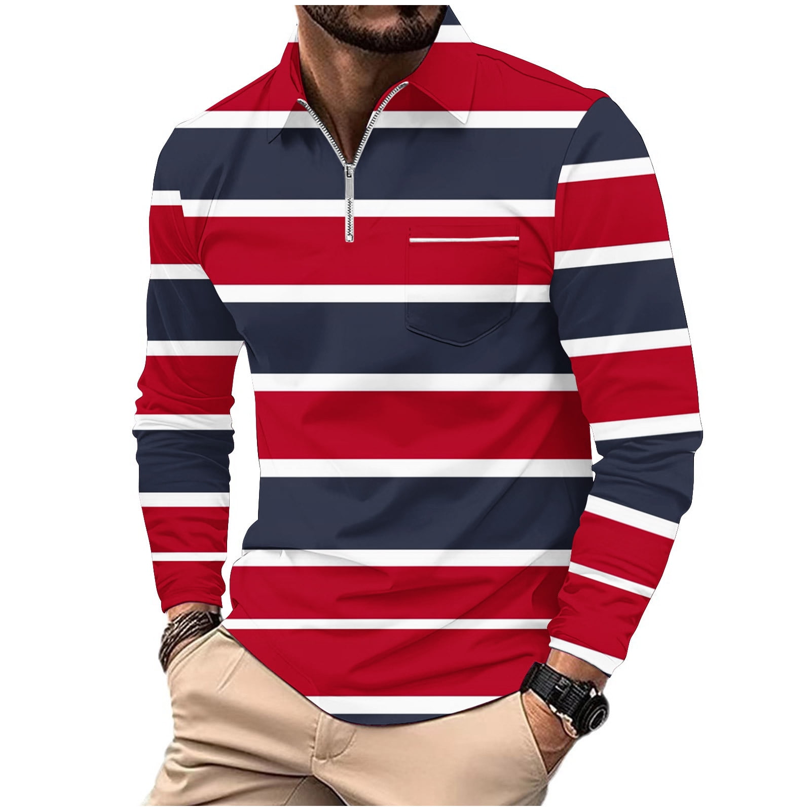 Dagegui Men's Striped Print Shirt Lapel 1/4 Zipper Long Sleeve Lightweight Golf Sport T Shirts ...