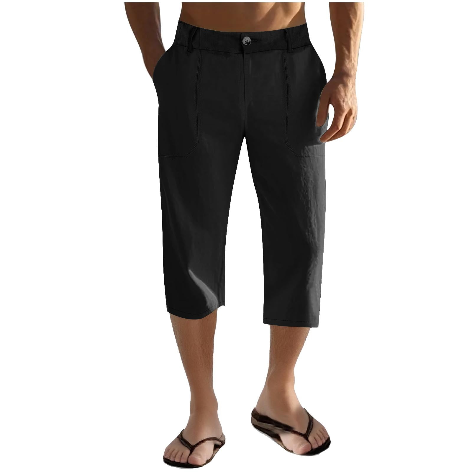 Dagegui Men's Summer Cropped Pants Linen Half Elastic Waist Casual Pant ...