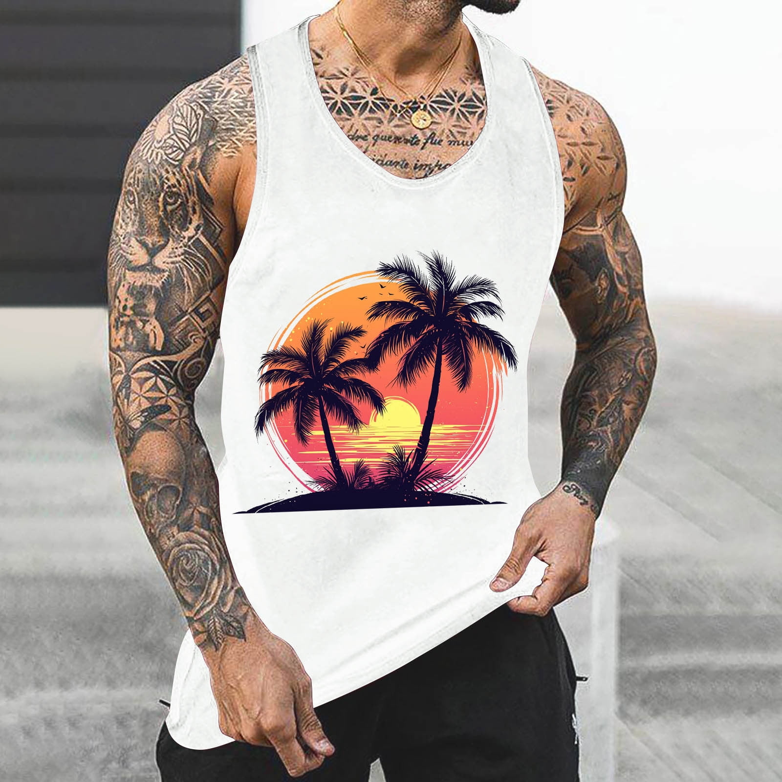 Dagegui Men's Tank Tops Hawaill Palm Tree Print Undershirt Summer Loose ...