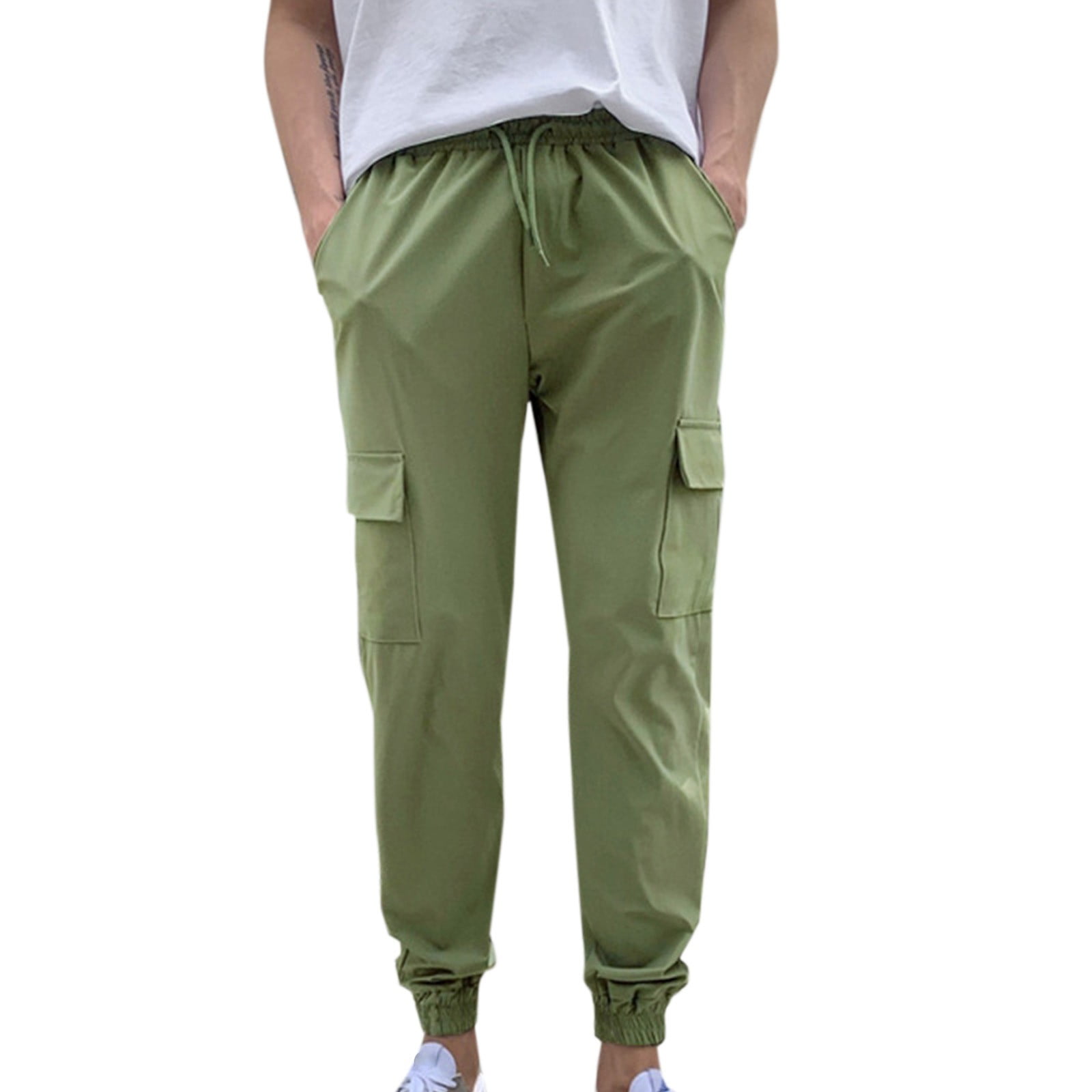 Dagegui Men's Tapered Cargo Pants Solid Color Elastic Waist Drawstring ...