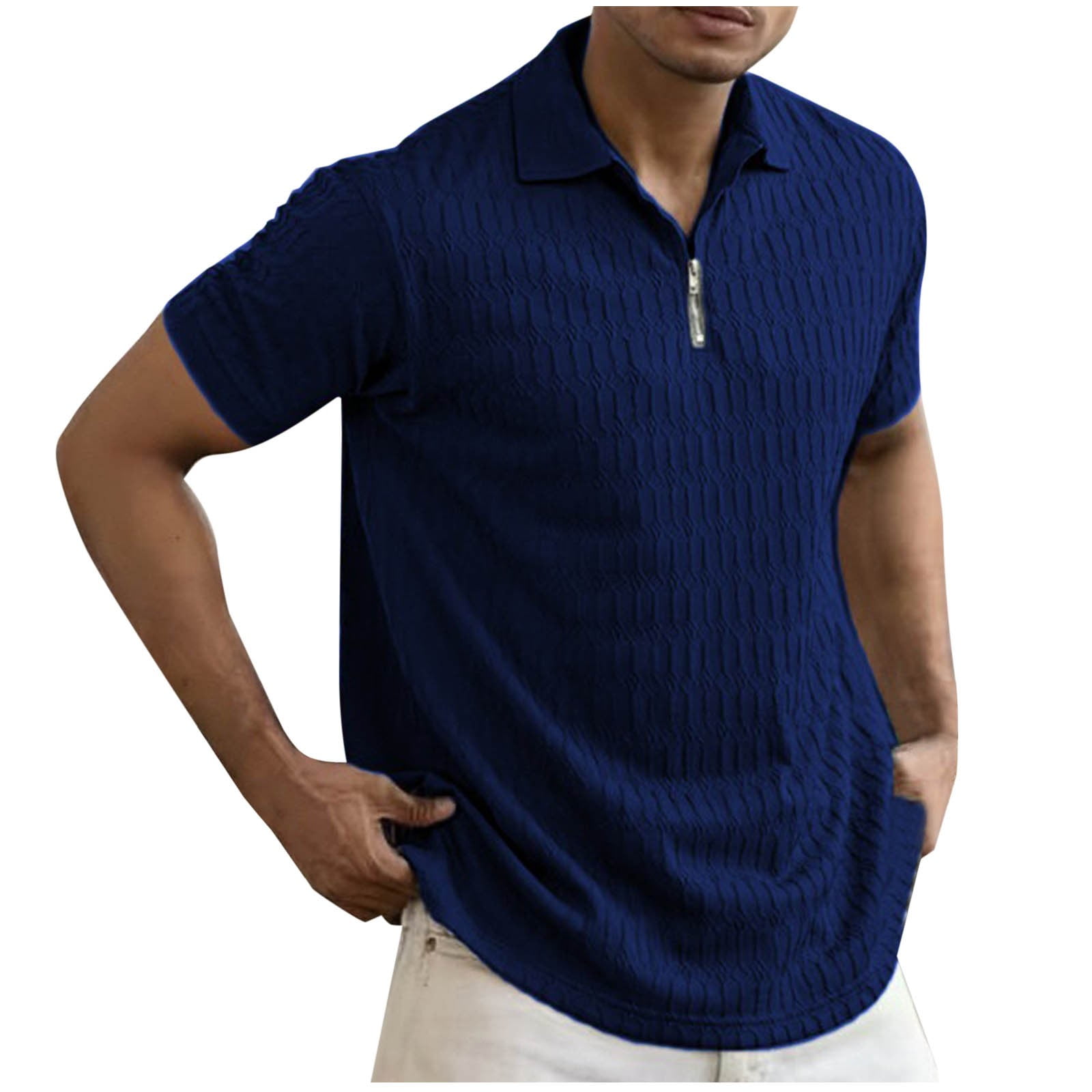 Dagegui Men's Textured Knit T Shirt Navy Short Sleeve Turndown Collar ...