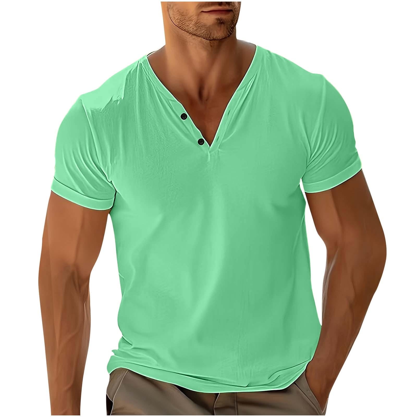 Dagegui Men's V-Neck Green T Shirt Cotton Short Sleeve Summer Basic T ...