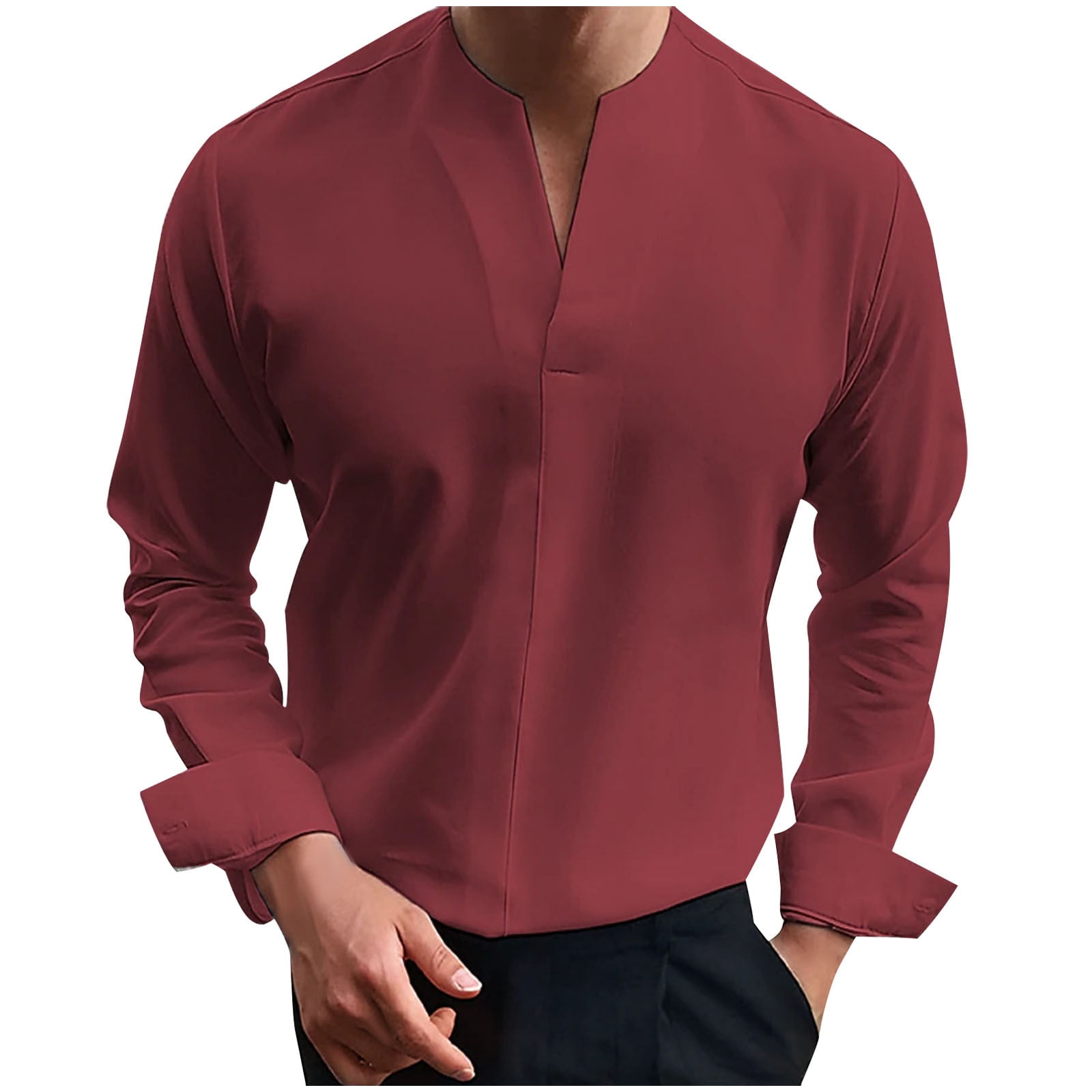 Dagegui Men's V Neck Long Sleeve Shirts Solid Formal Business Work Tops ...
