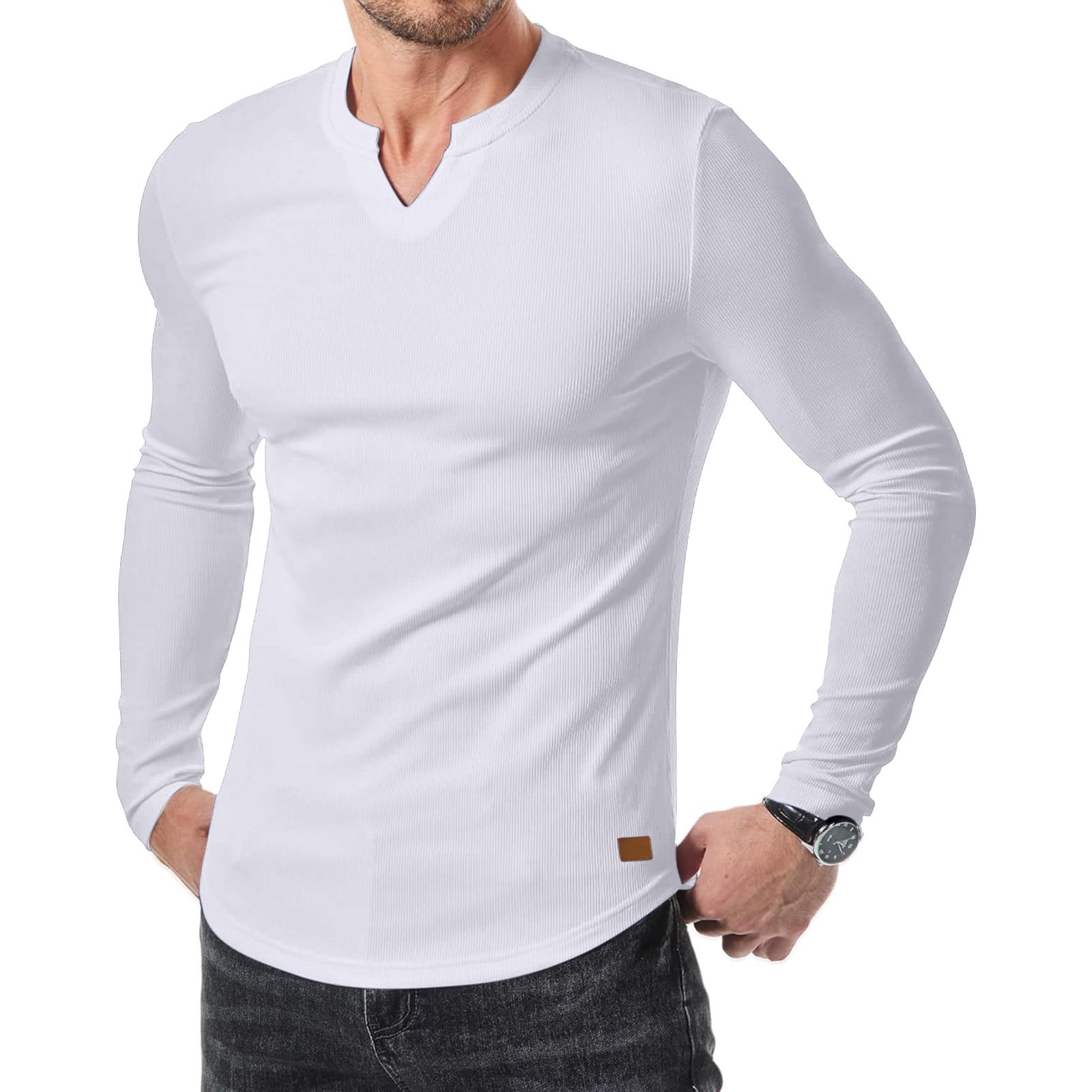 Dagegui Men's V-Neck Long Sleeve T-Shirts Solid Fall Pullover Stretch ...
