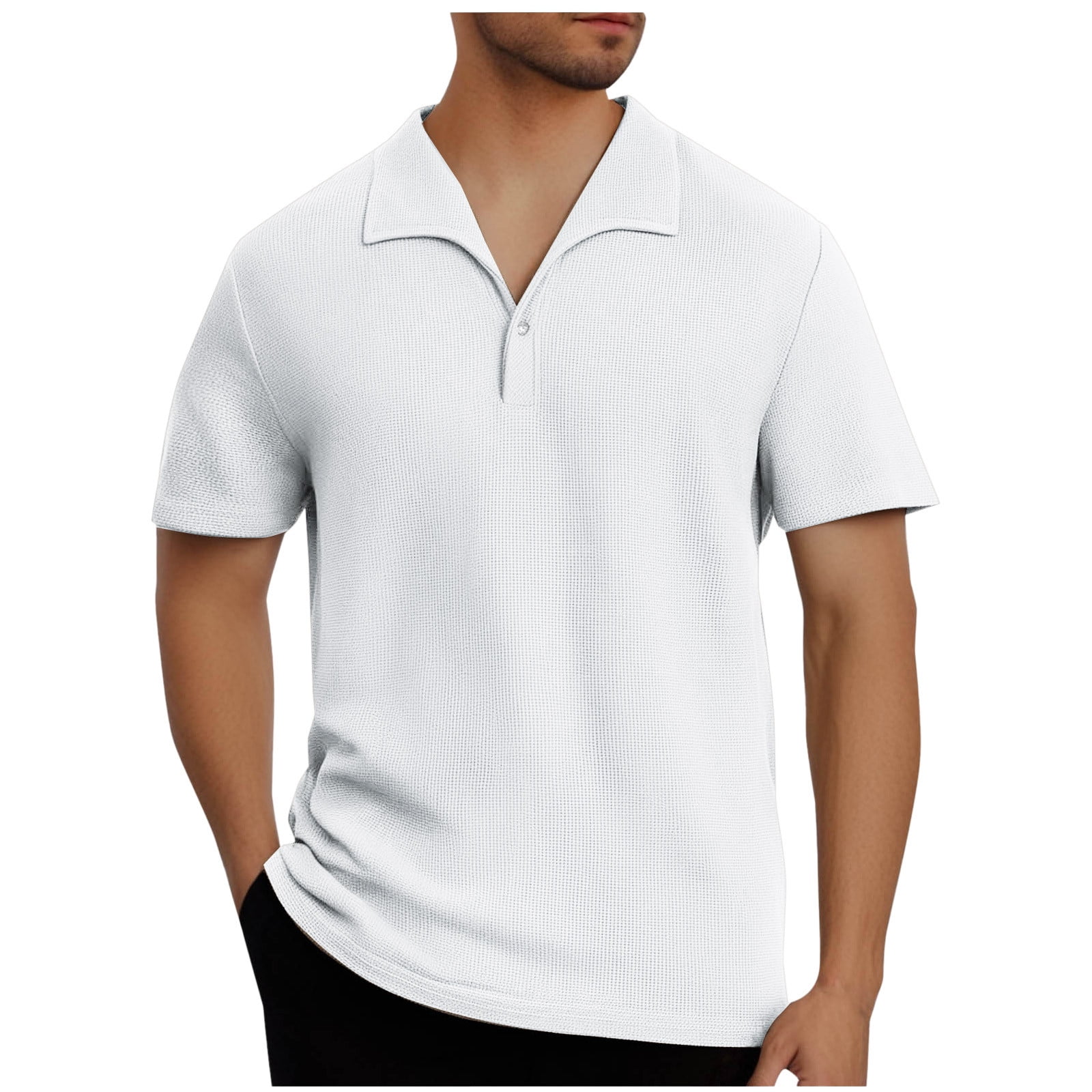 Dagegui Men's White Short Sleeve T Shirt Waffle V-Neck Collared T ...