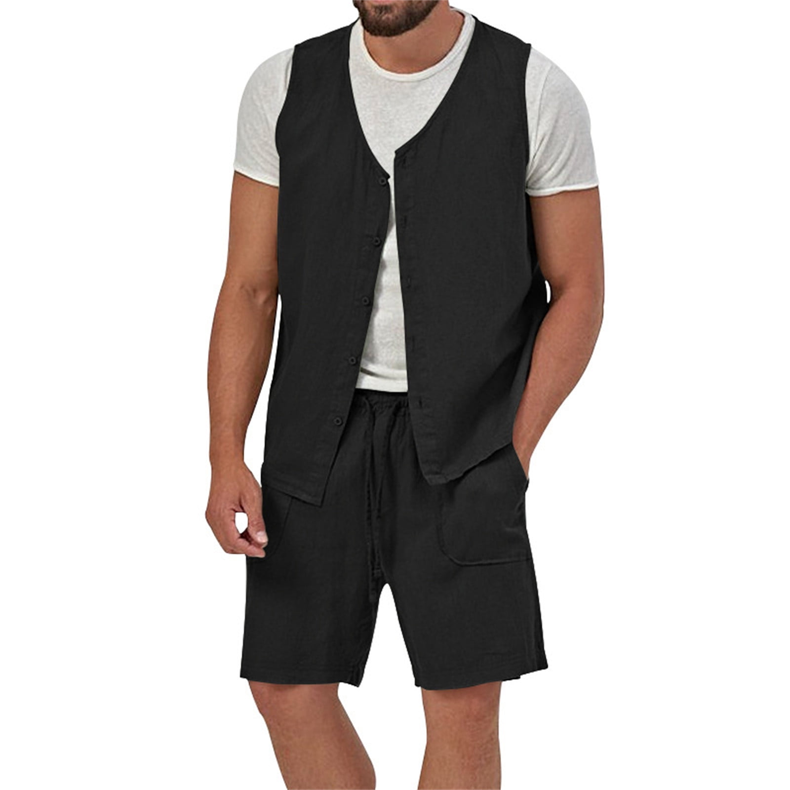 Dagegui Mens 2 Piece Outfit Sets Cotton Linen Outfits Sleeveless Vest ...
