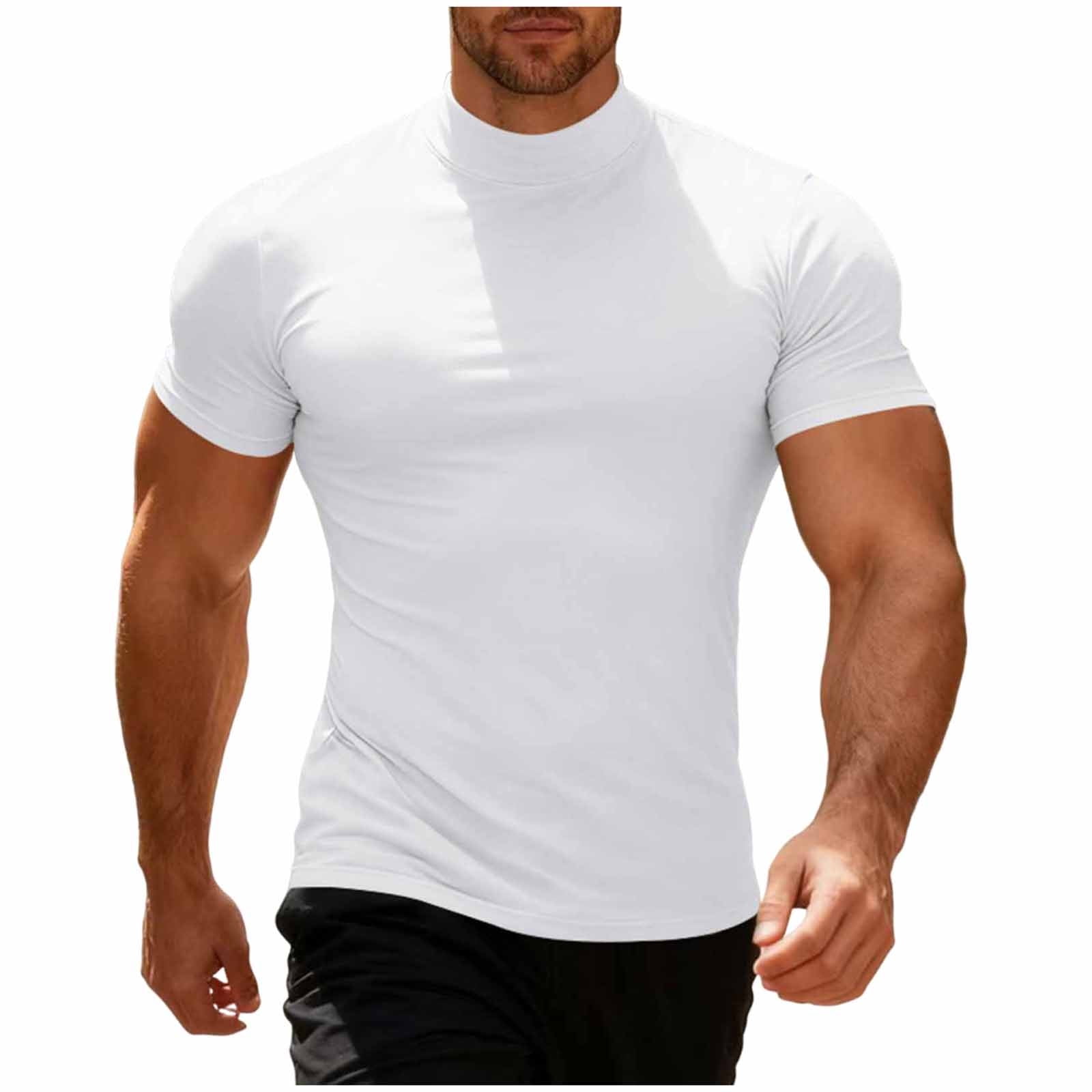 Dagegui Mens Basic T Shirt White Short Sleeve Mock Neck Gym Shirts Slim ...