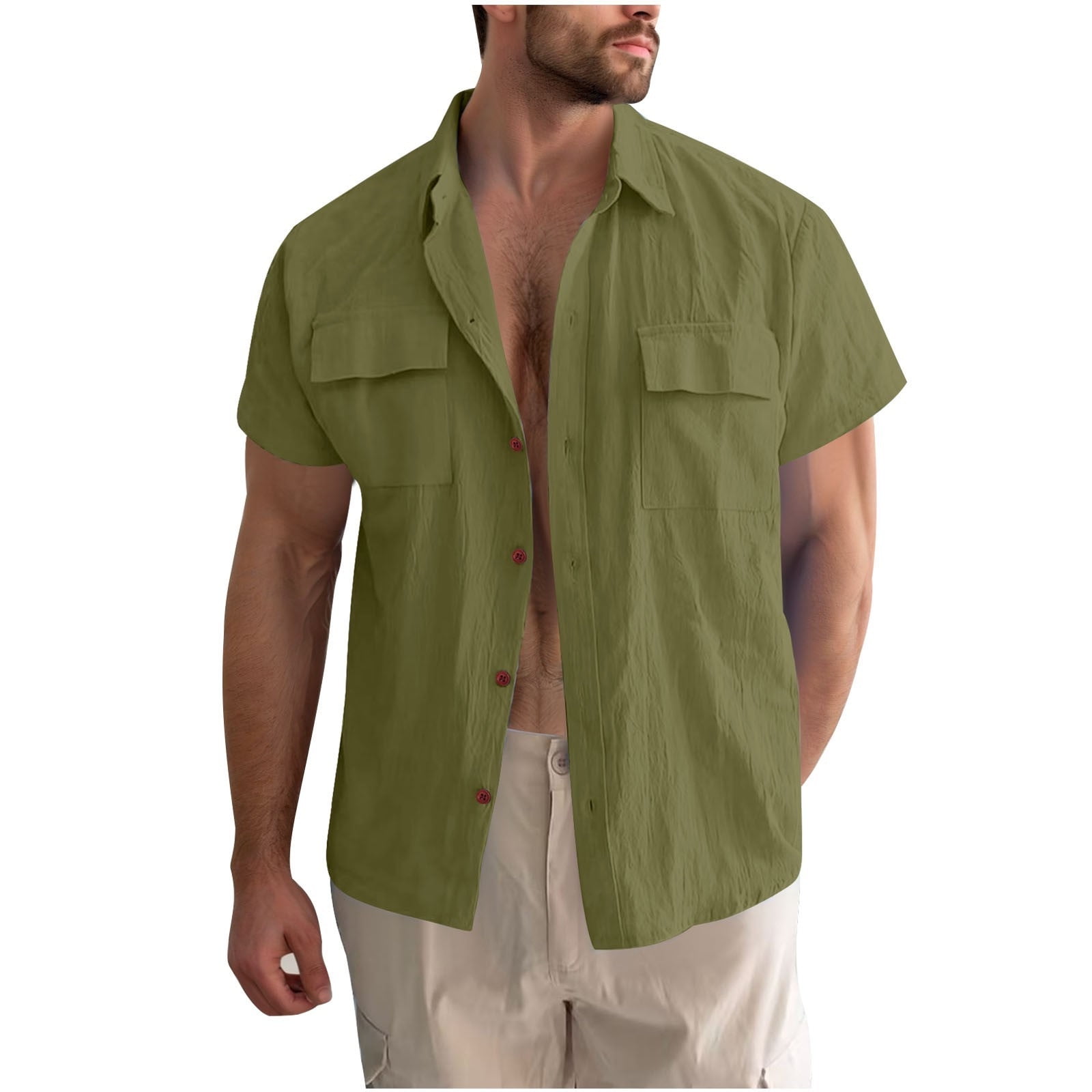 Dagegui Mens Button Down T-Shirts Linen Short Sleeve Turndown Collar ...