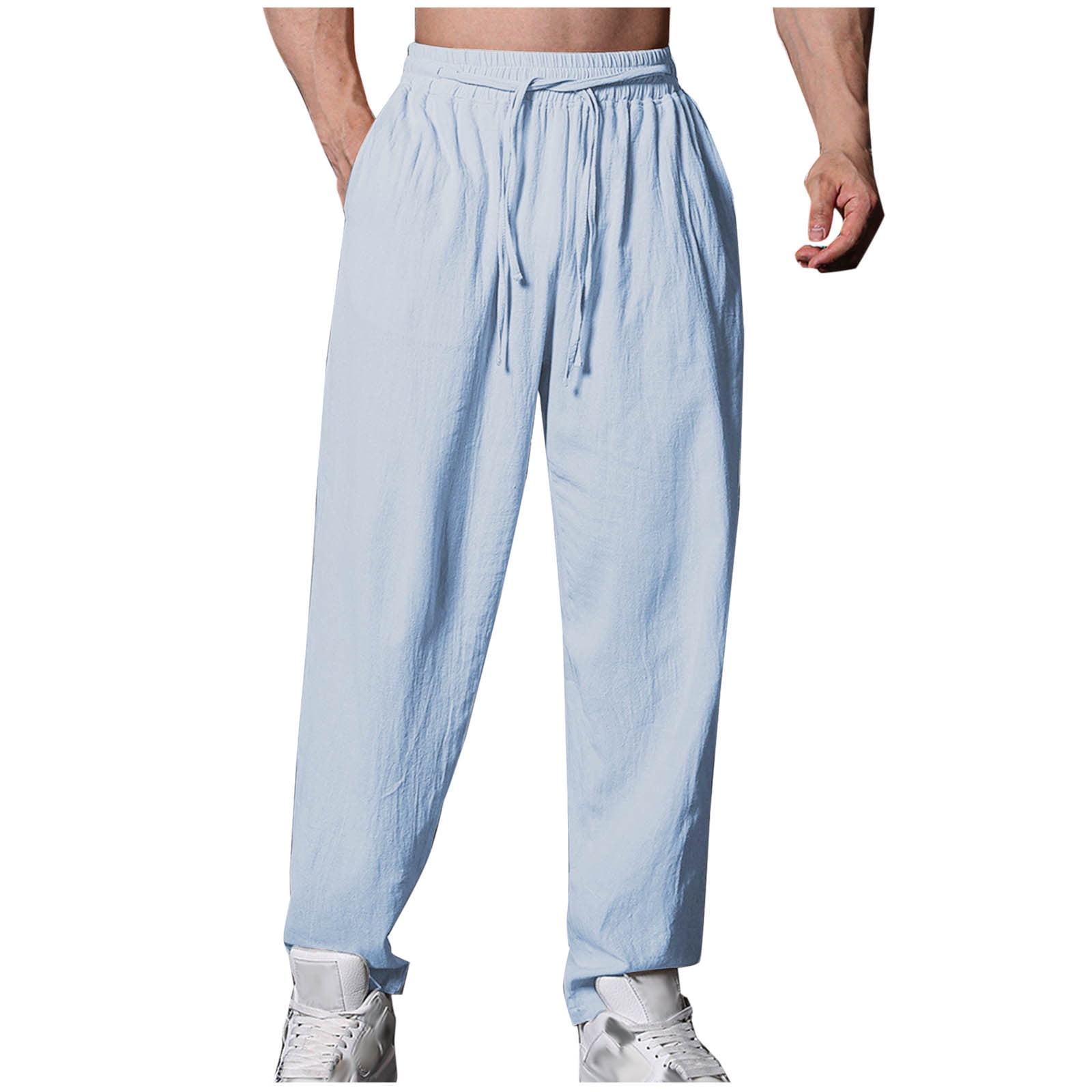 Dagegui Mens Cotton Linen Drawstring Pants Summer Elastic Waist Casual ...