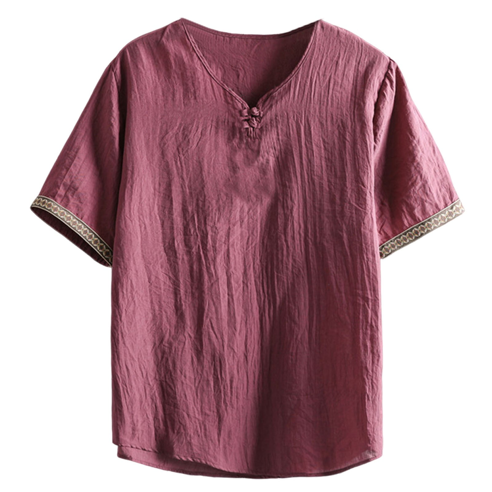 Dagegui Mens Cotton Linen Shirt Boho Short Sleeve Wine Casual Loose Fit ...