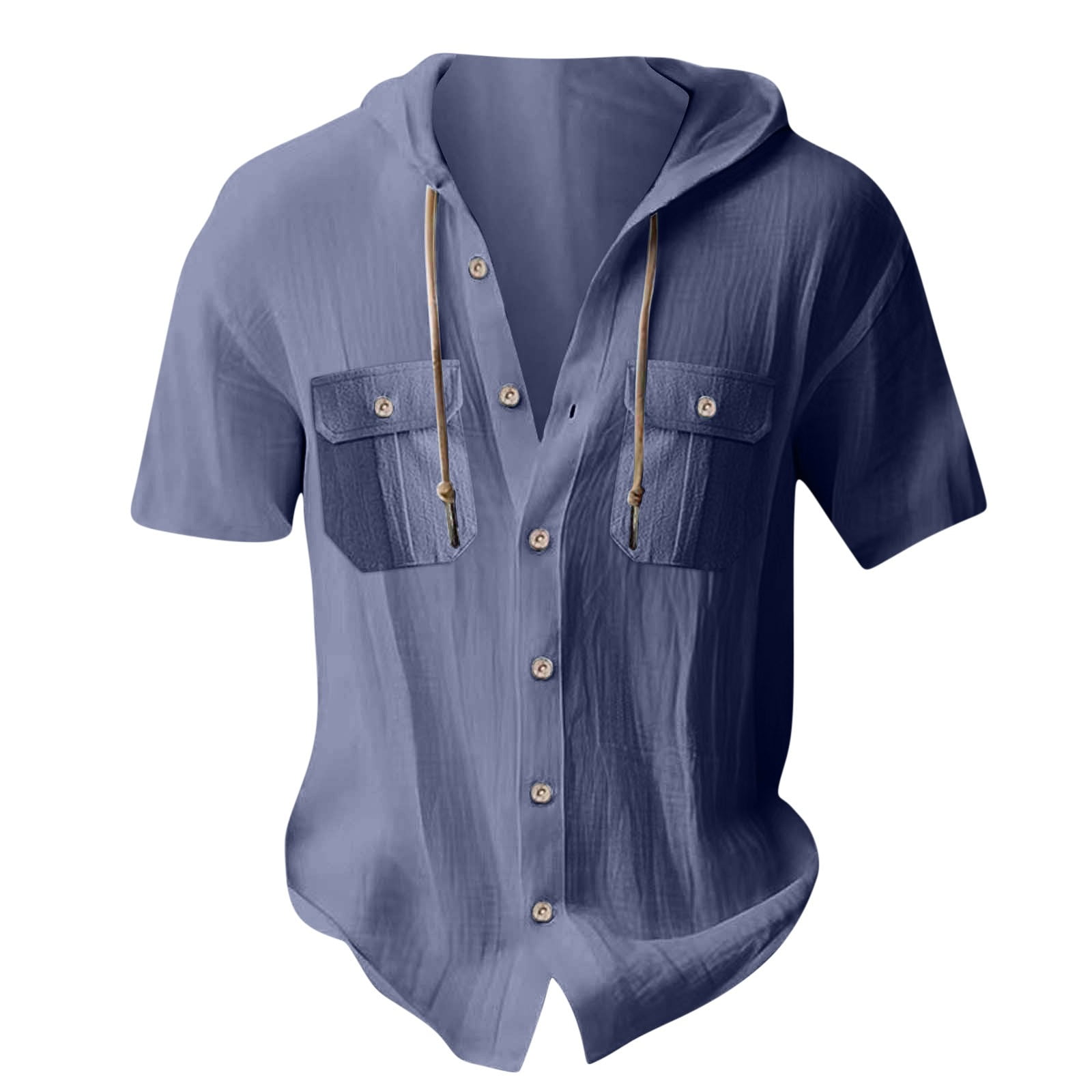 Dagegui Mens Drawstring Hoodies Short Sleeve Button Down Hooded Shirt ...