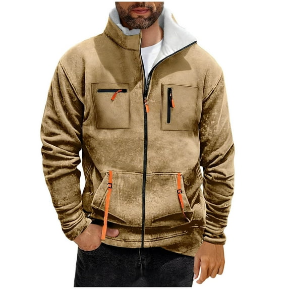 Dagegui Mens Fleece Lined Casual Jacket Full Zip Up Winter Warm Stand Neck Coats with Multi ...