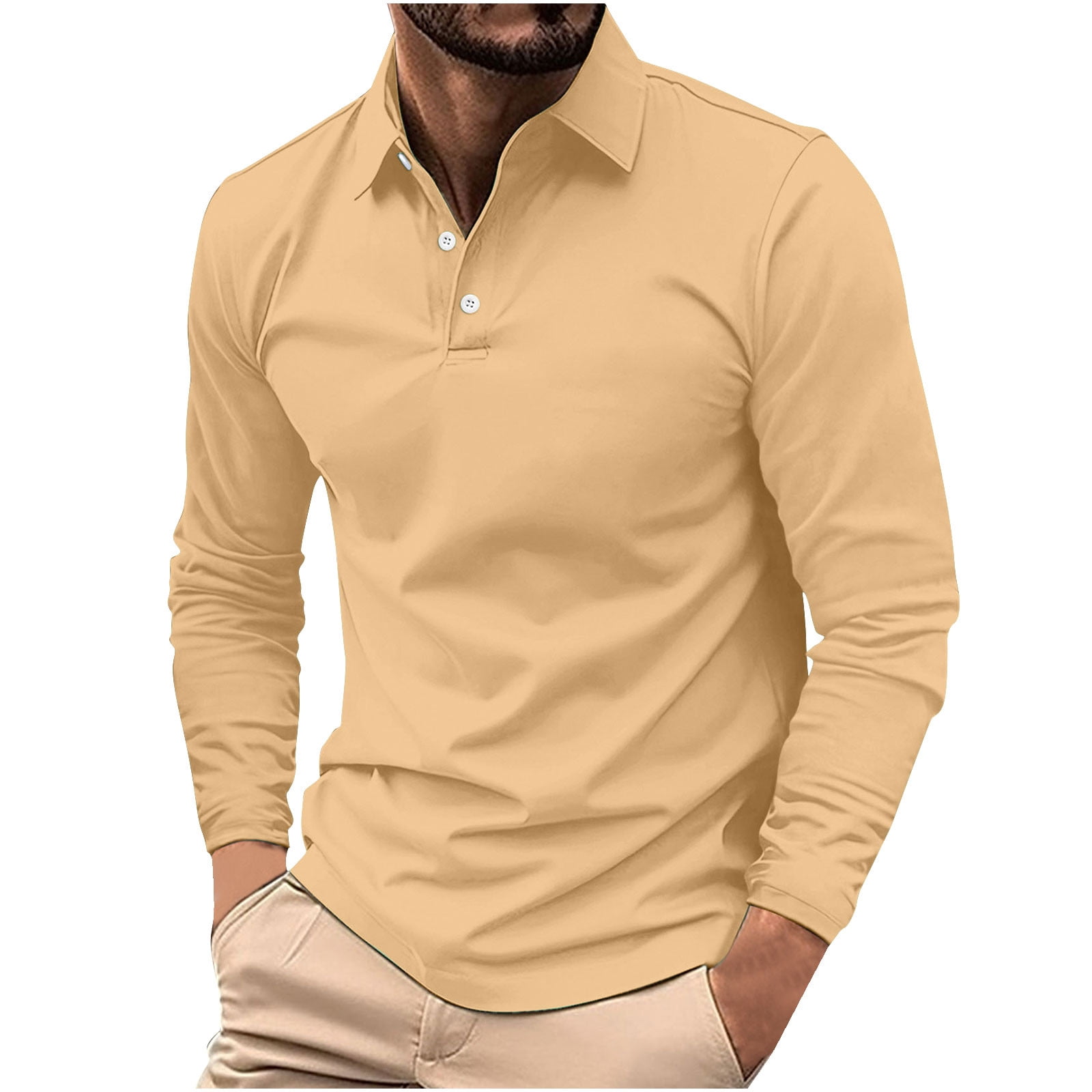 Dagegui Mens Golf Shirts Solid Long Sleeve Lapel T-Shirts 3 Buttons ...