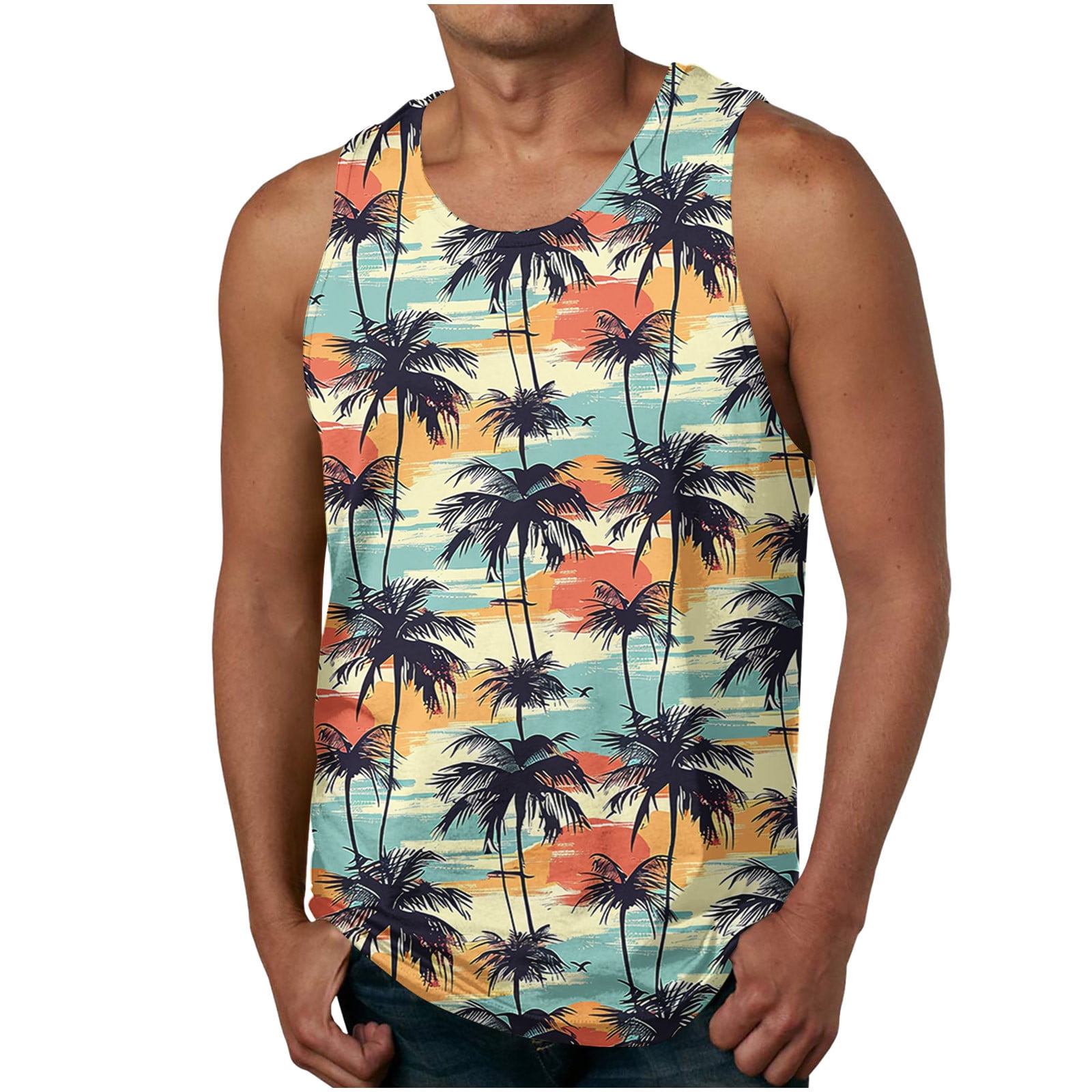 Dagegui Mens Hawaiian Tank Tops Sleeveless Tropical Palm Tree Print Beach Vacation Quick-Dry T ...