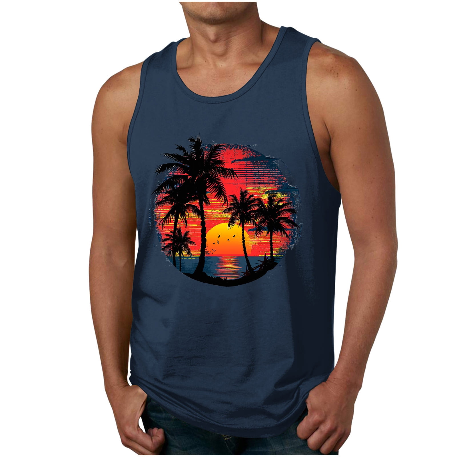 Dagegui Mens Hawaiian Tank Tops Summer Beach Sleeveless Vacation Shirts Muscle Gym Vest Palm ...