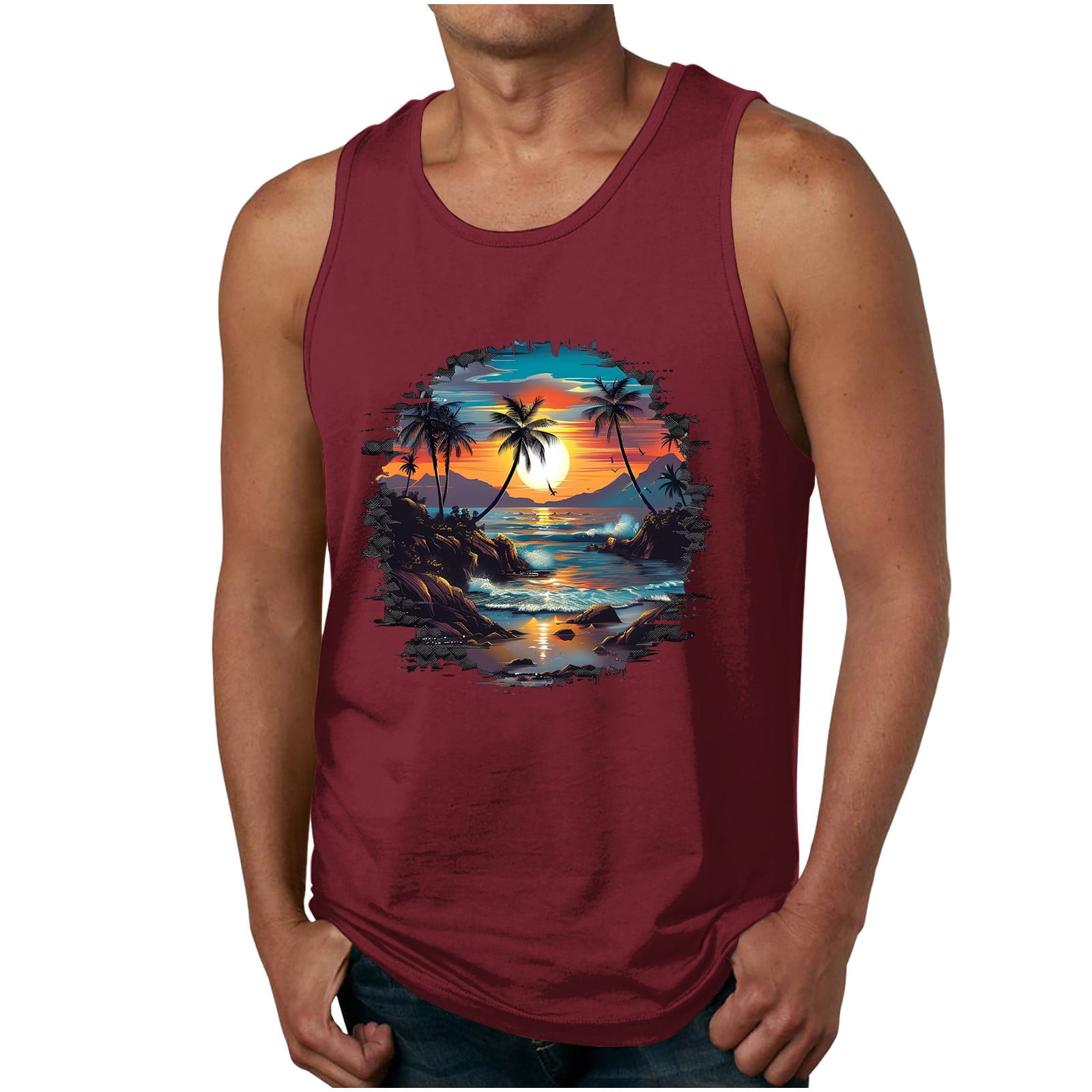 Dagegui Mens Hawaiian Tank Tops Sunset Palm Tree Graphic Tropical Tanks ...
