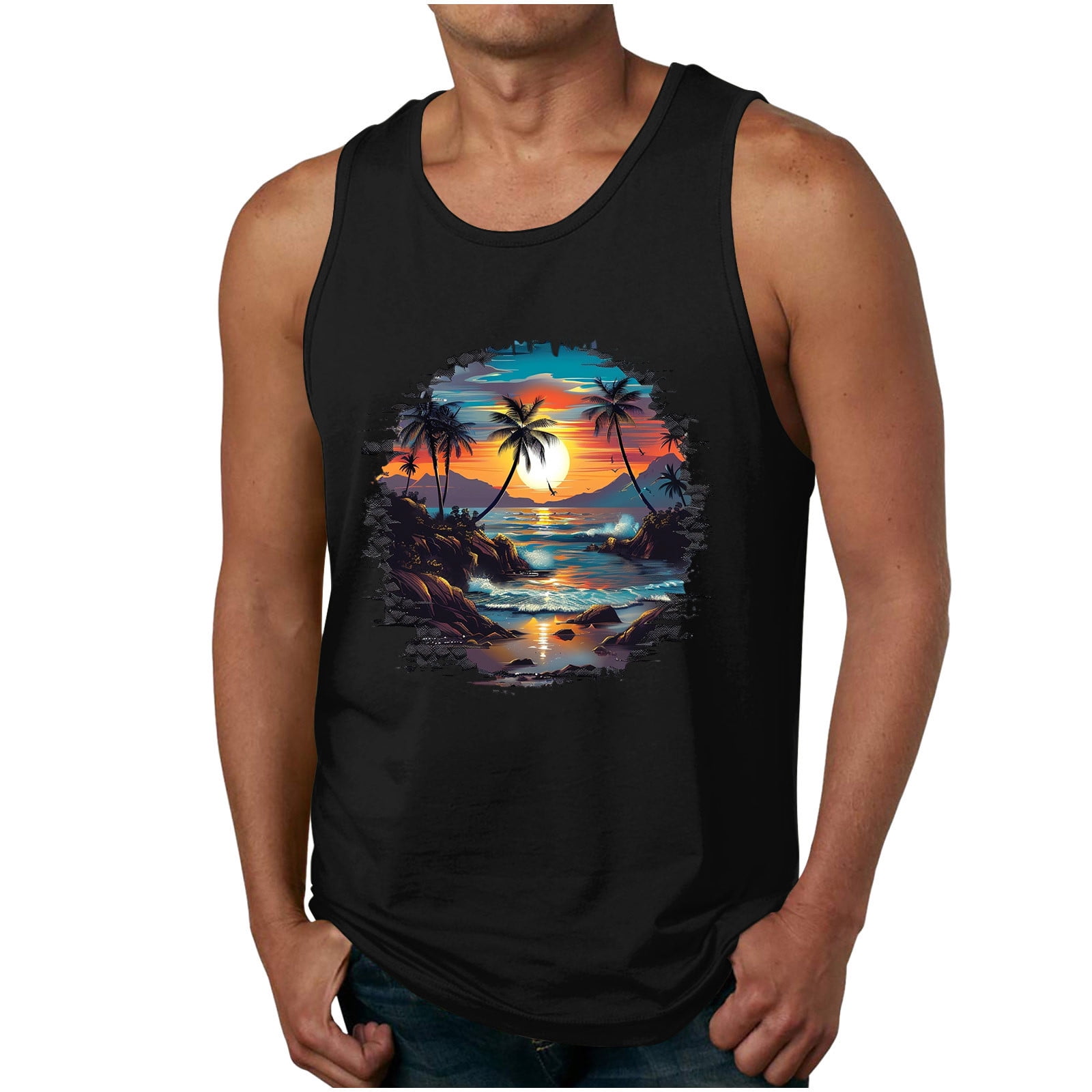 Dagegui Mens Hawaiian Tank Tops Sunset Palm Tree Graphic Tropical Tanks Big and Tall Muscle Tank ...