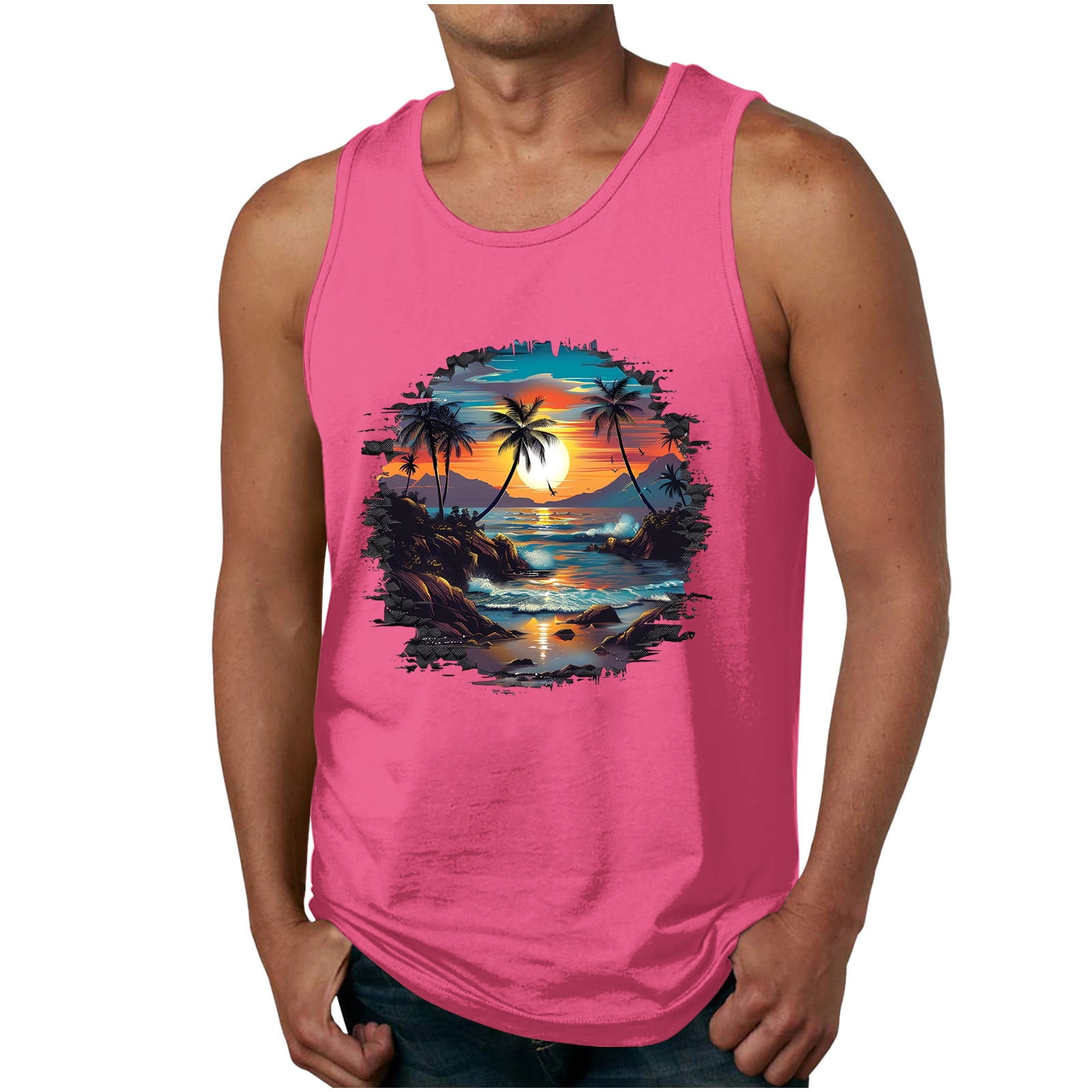 Dagegui Mens Hawaiian Tank Tops Sunset Palm Tree Graphic Tropical Tanks ...