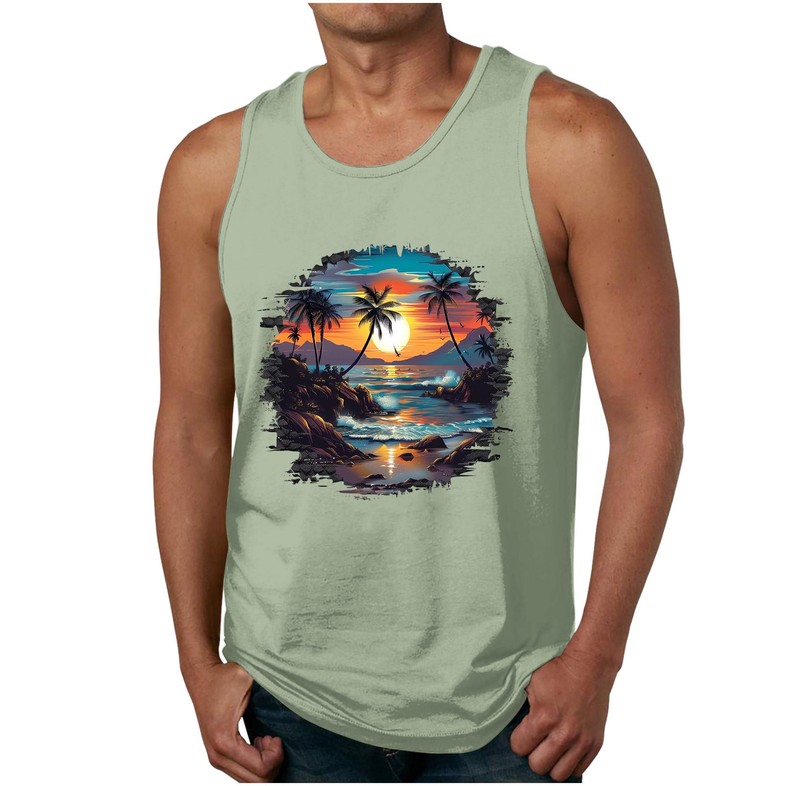 Dagegui Mens Hawaiian Tank Tops Sunset Palm Tree Graphic Tropical Tanks Big and Tall Muscle Tank ...