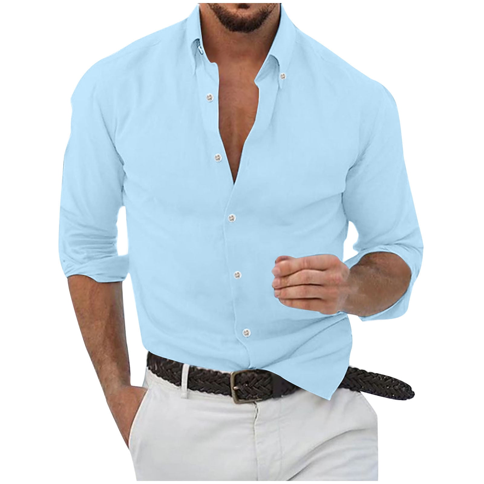 Dagegui Mens Long Sleeve Button Down Shirts Linen Tops Solid Color Work ...