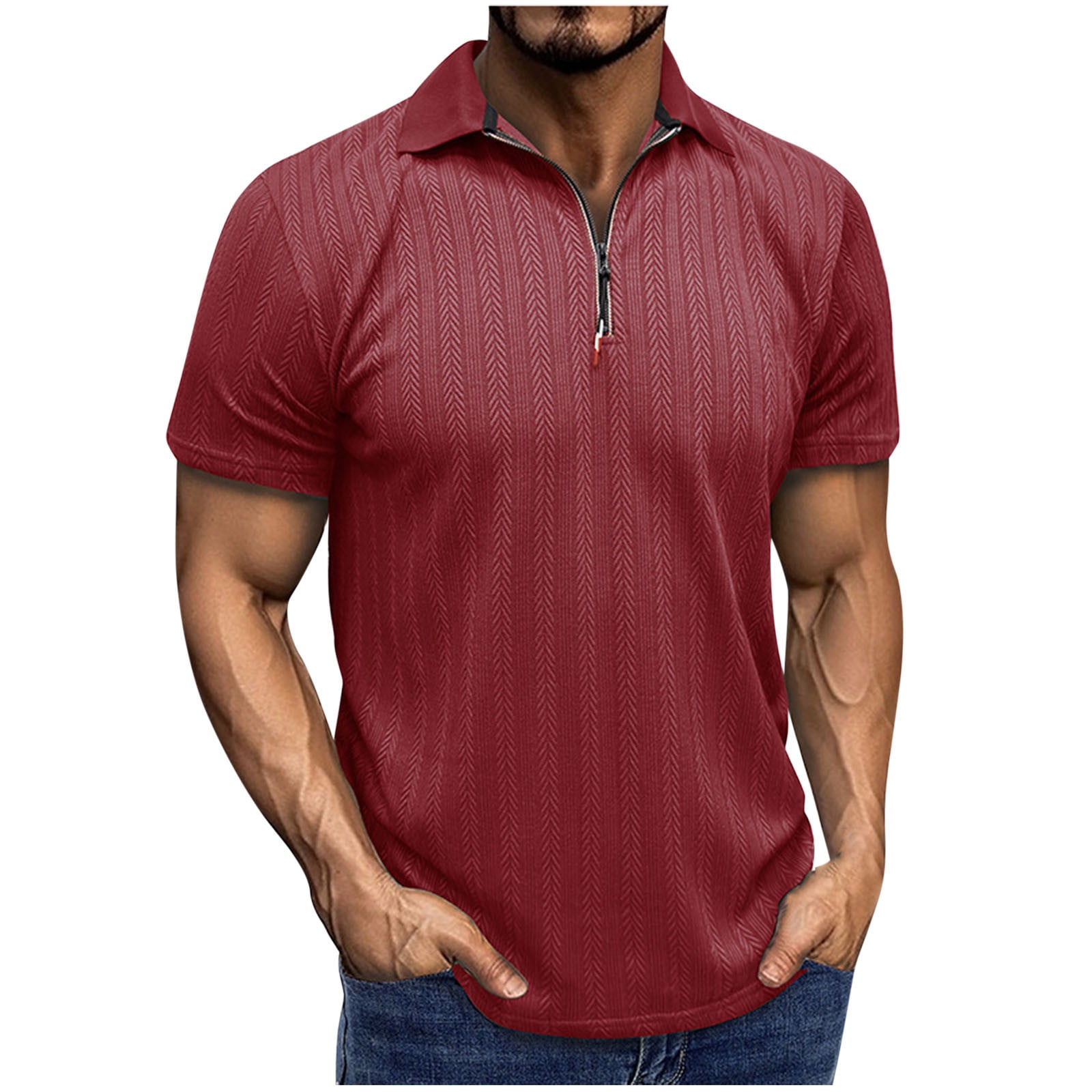 Dagegui Mens Wine Quarter Zip Golf Shirts Textured Short Sleeve ...