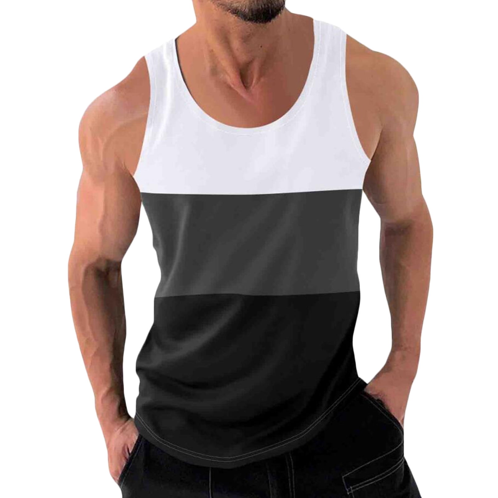 Dagegui Mens Workout Muscle Tanks Trendy Color Block Print Sleeveless Crewneck Shirts Gym ...