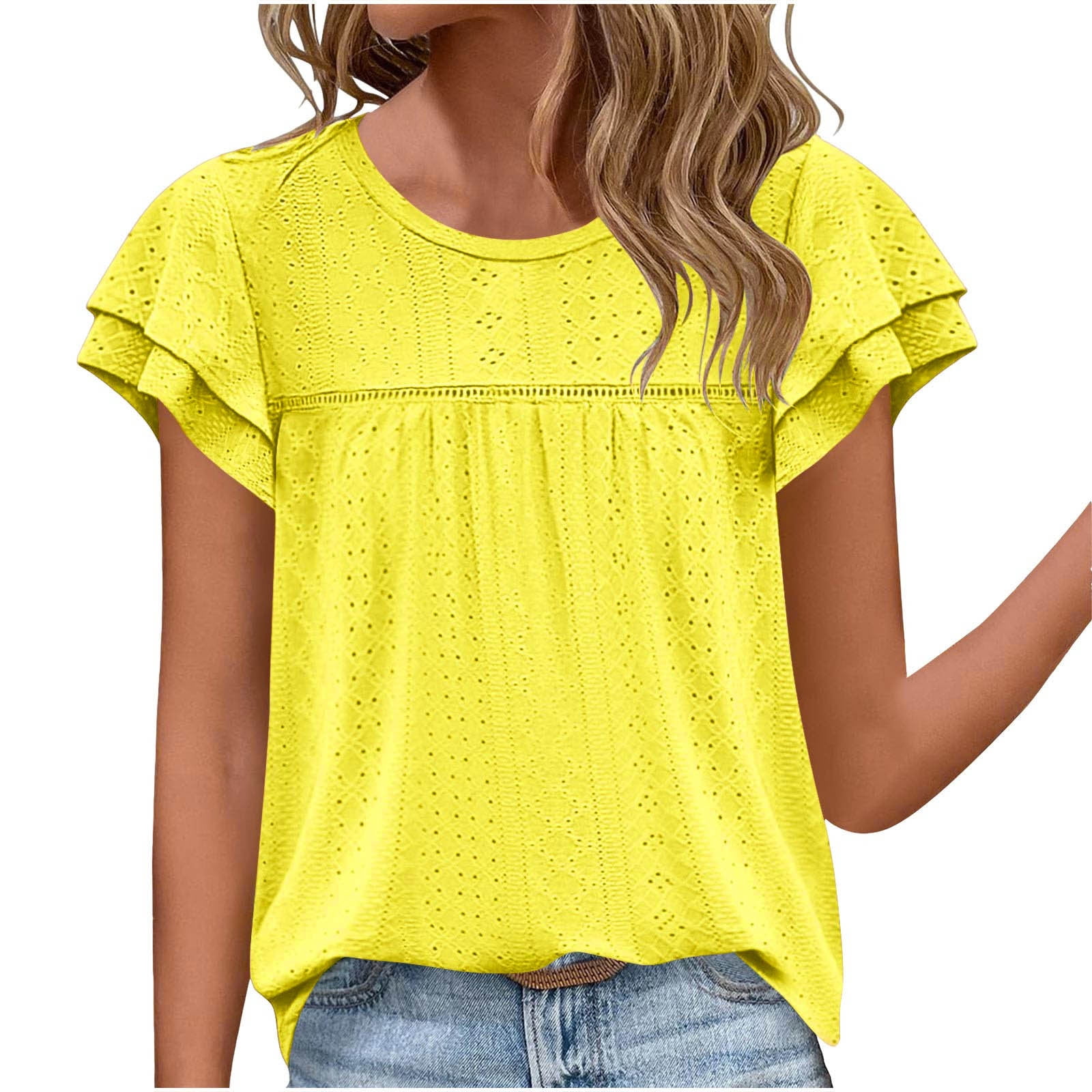Dagegui Summer Tops for Women Eyelet Ruffle Sleeve Blouses Solid Color Babydoll Shirts Casual ...