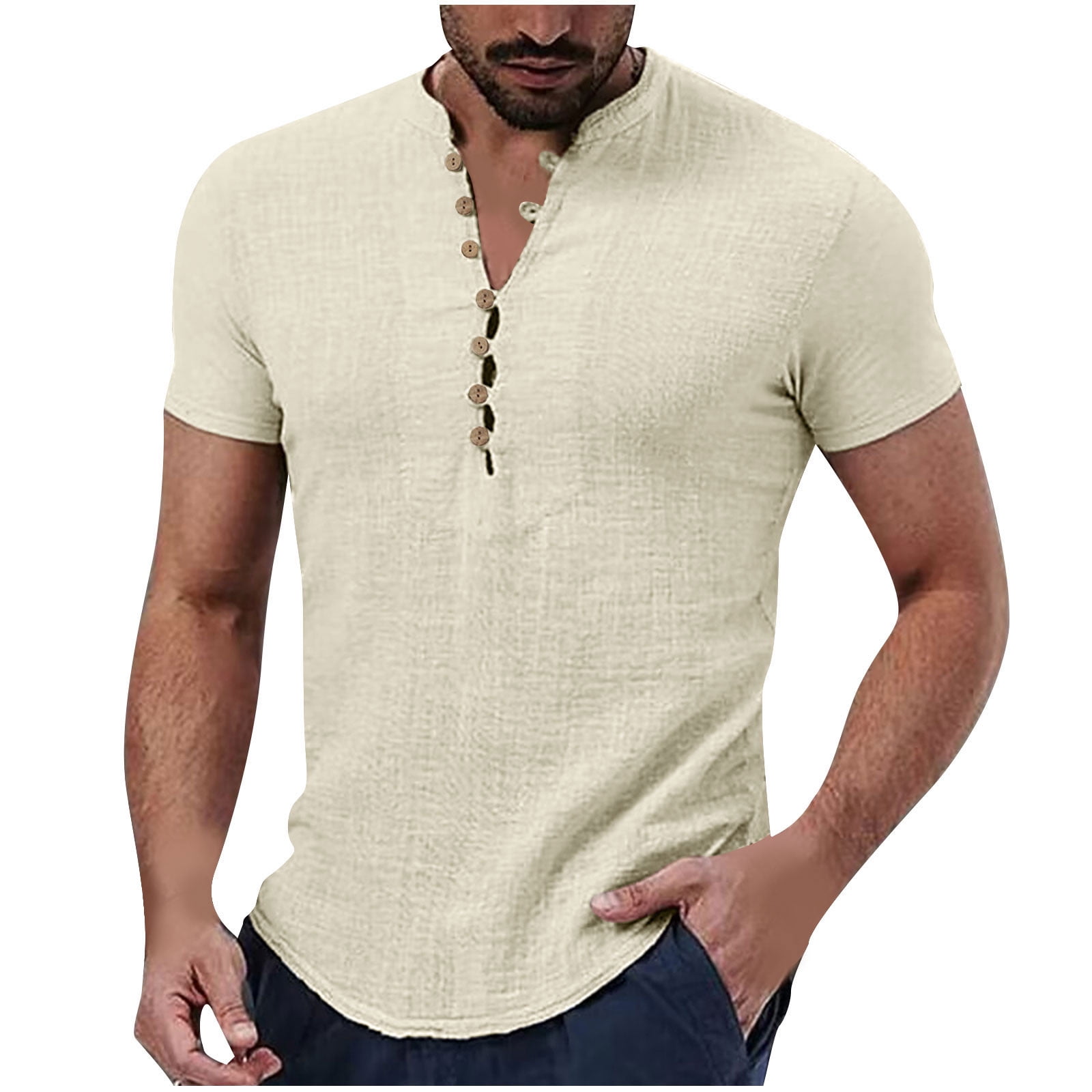 Dagegui Mens Cotton Linen Shirts Short Sleeve V Neck Henley Shirt Solid ...