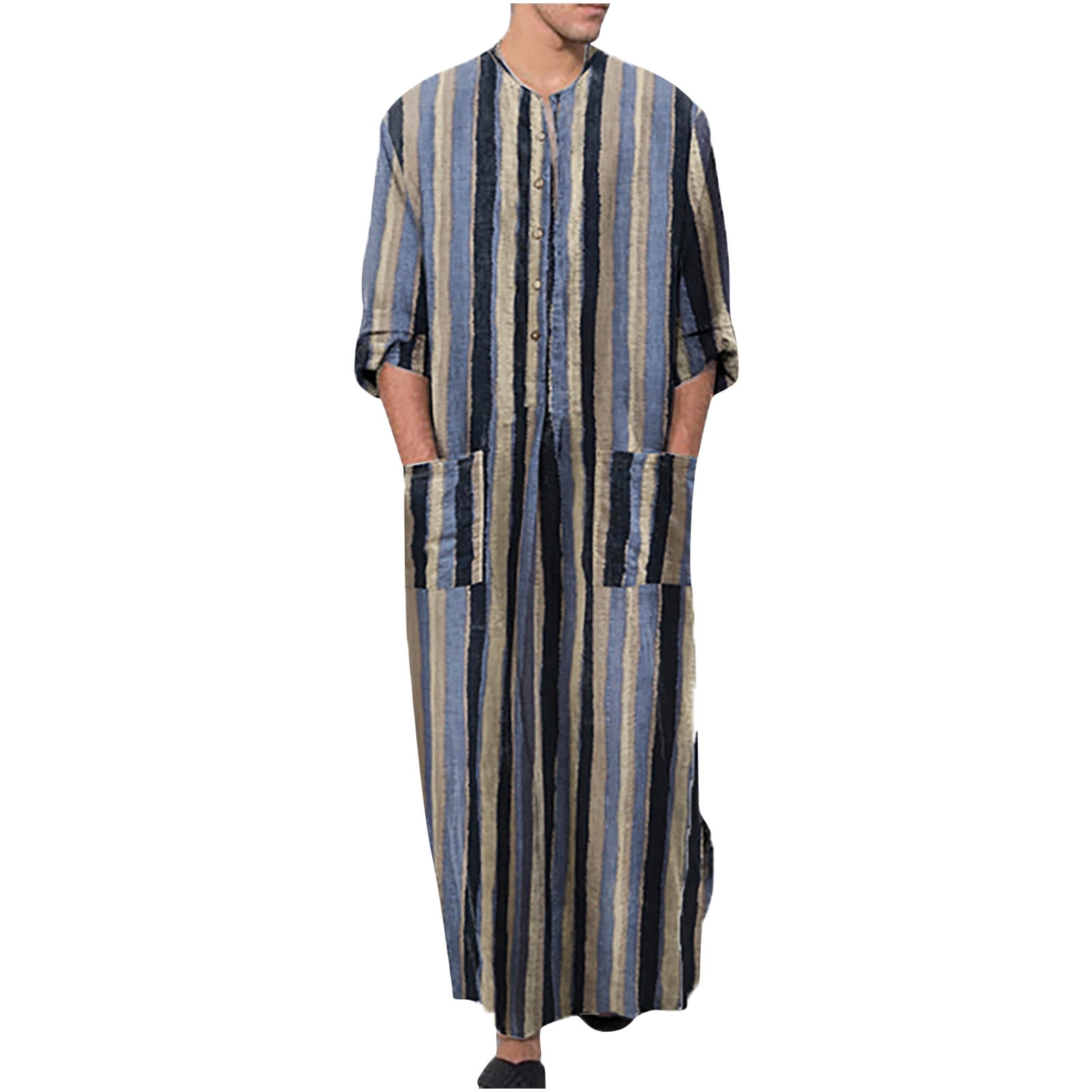 Dagegui Today Deals! Mens Striped Robe Button Up Long Sleeve Kaftan ...
