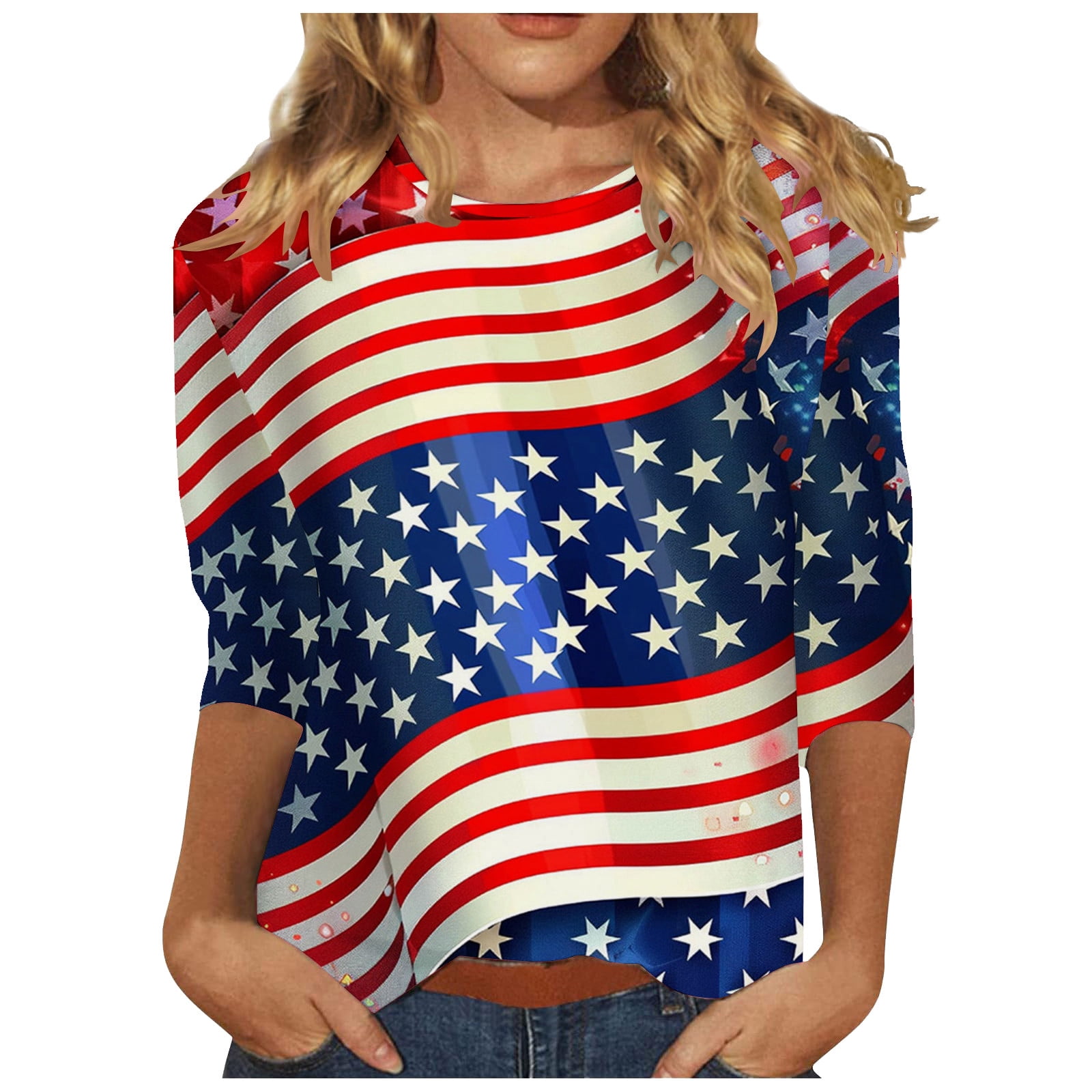 Dagegui Under 10 Happy 4th of July 3/4 Sleeve Tops Women Distressed ...